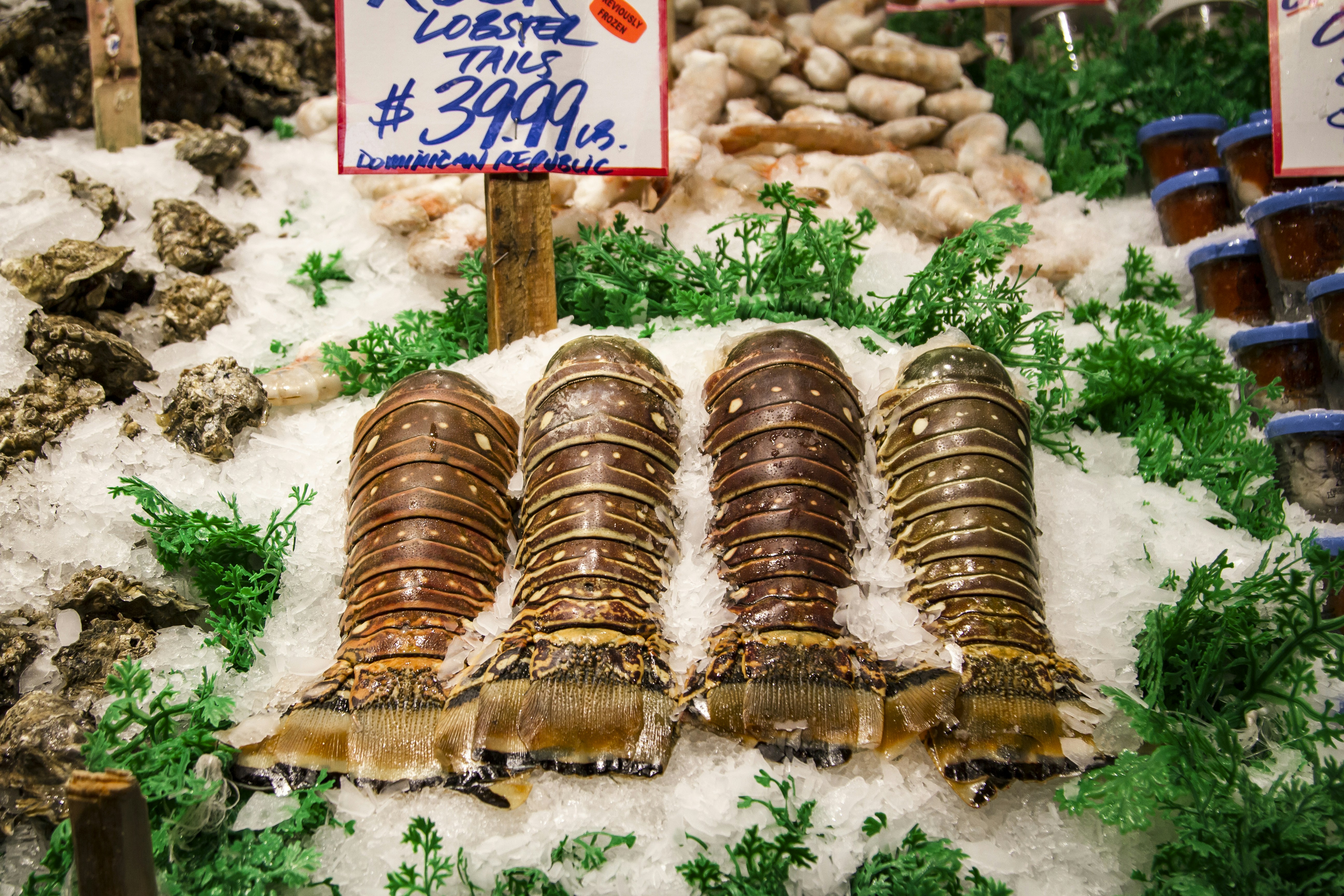 Icebound Quartet: Four Lobster Tails on Market Ice