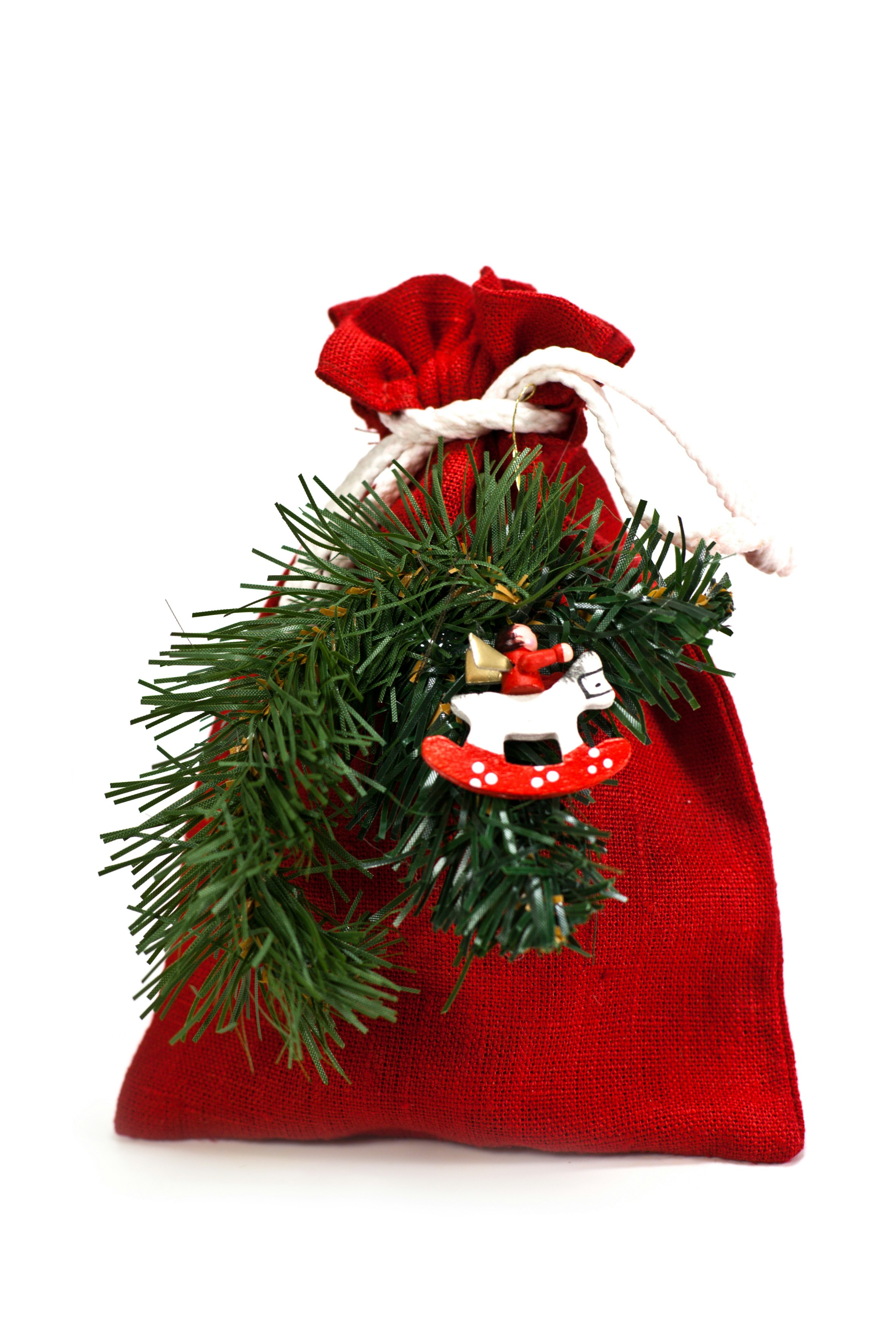 Carousel Charm in a Crimson Gift Bag: Pine Sprigs and Holiday Whimsy