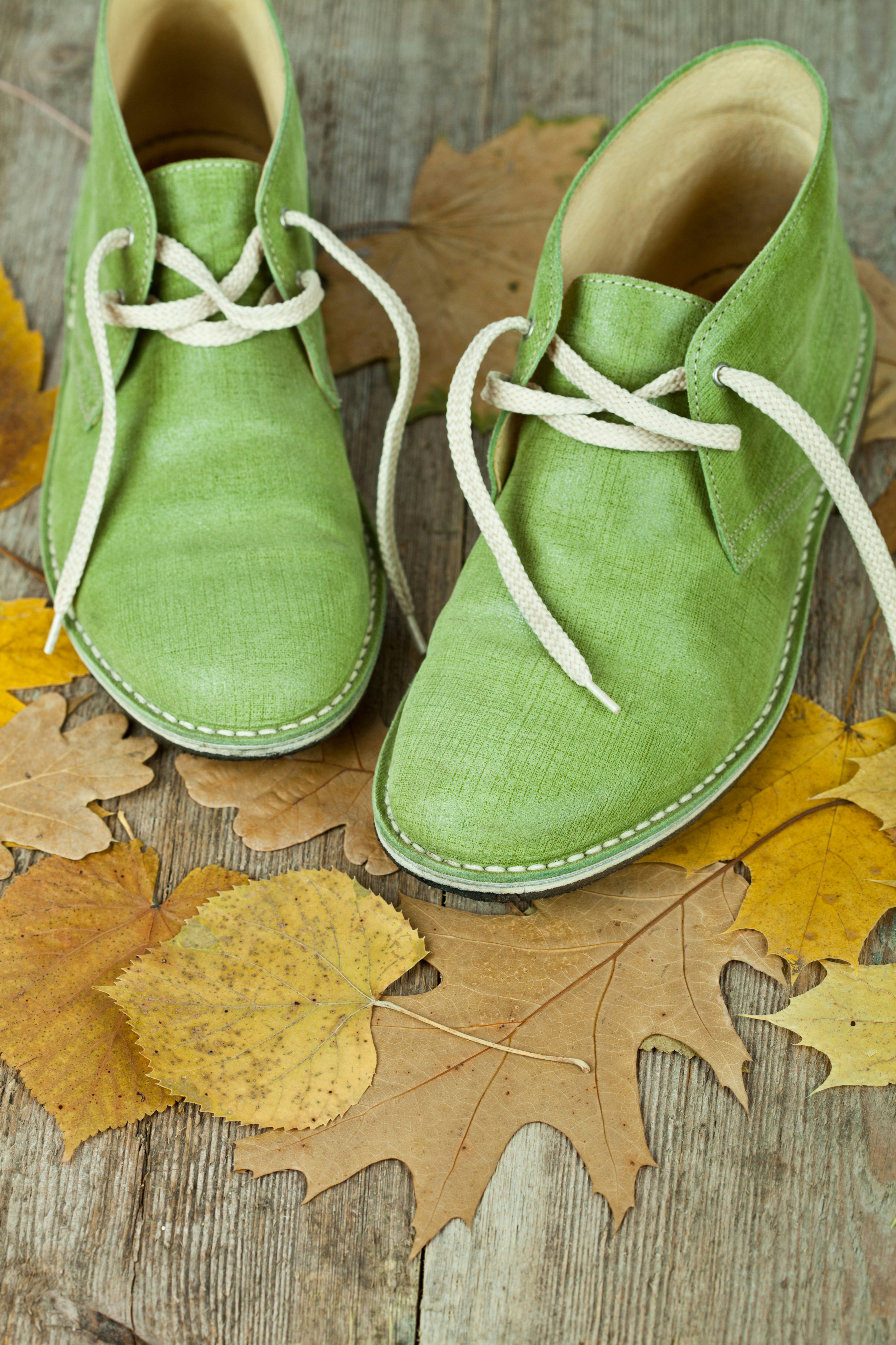 Emerald Steps: Green Leather Shoes Amid Autumn Leaves