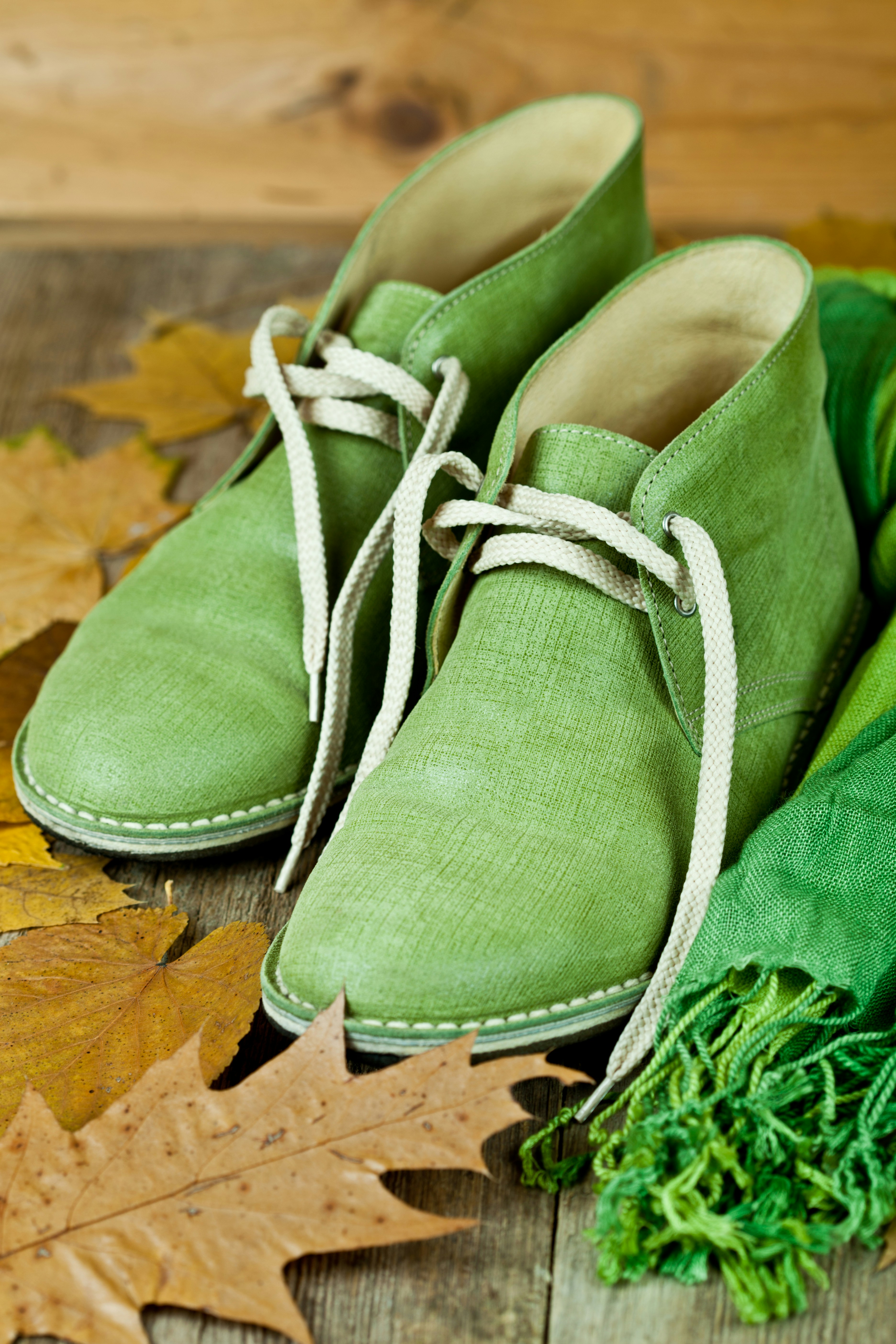 Emerald Suede Shoes Resting Among Autumn Leaves on Weathered Wood