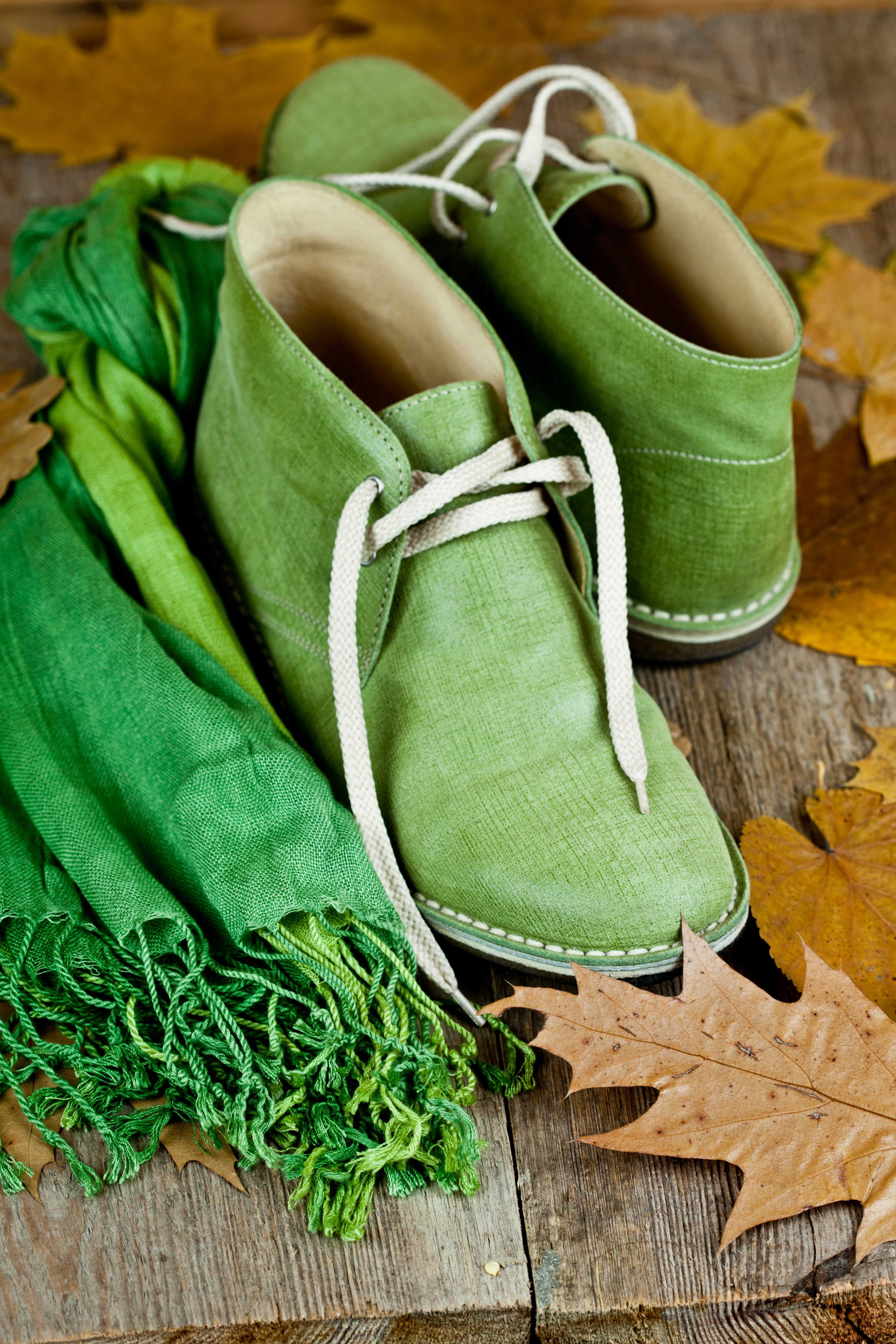 Green Shoes on Autumn Deck: A Quiet Morning Composition