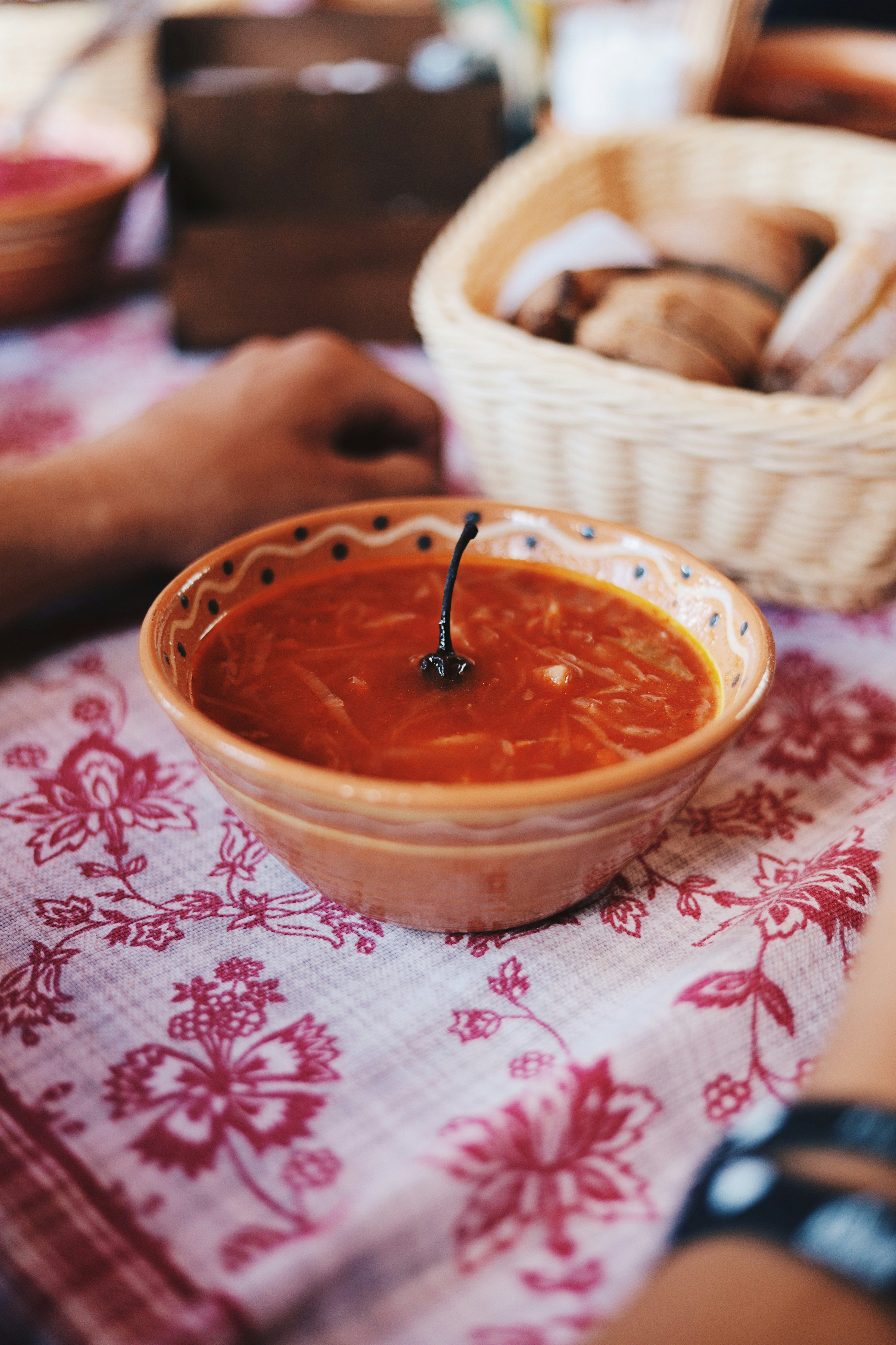 Single Stem in Crimson Broth: A Terracotta Bowl on Floral Linen