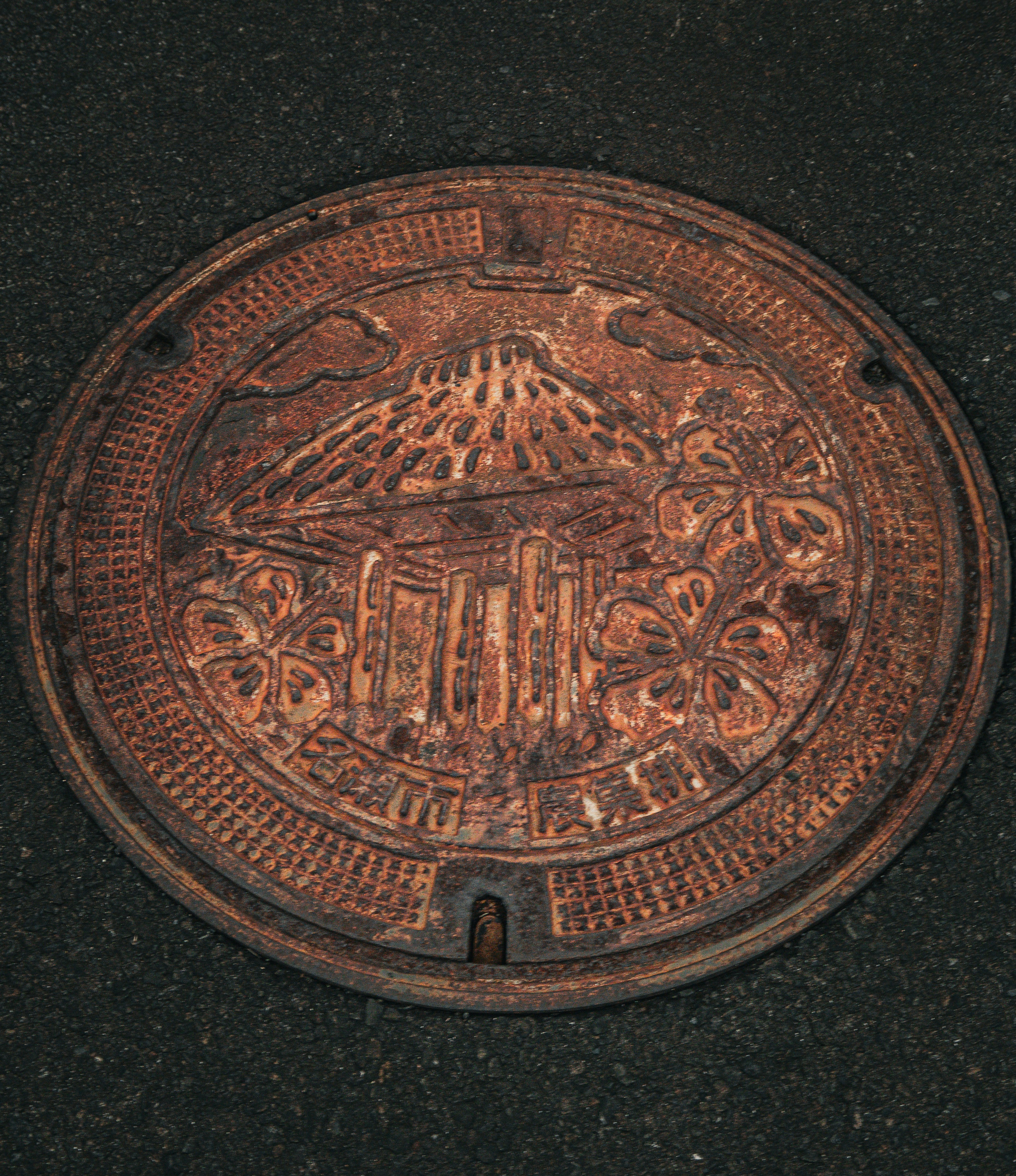 Rust-red Metro Emblem: A Manhole Cover with Mountain Motif and Floral Ornaments