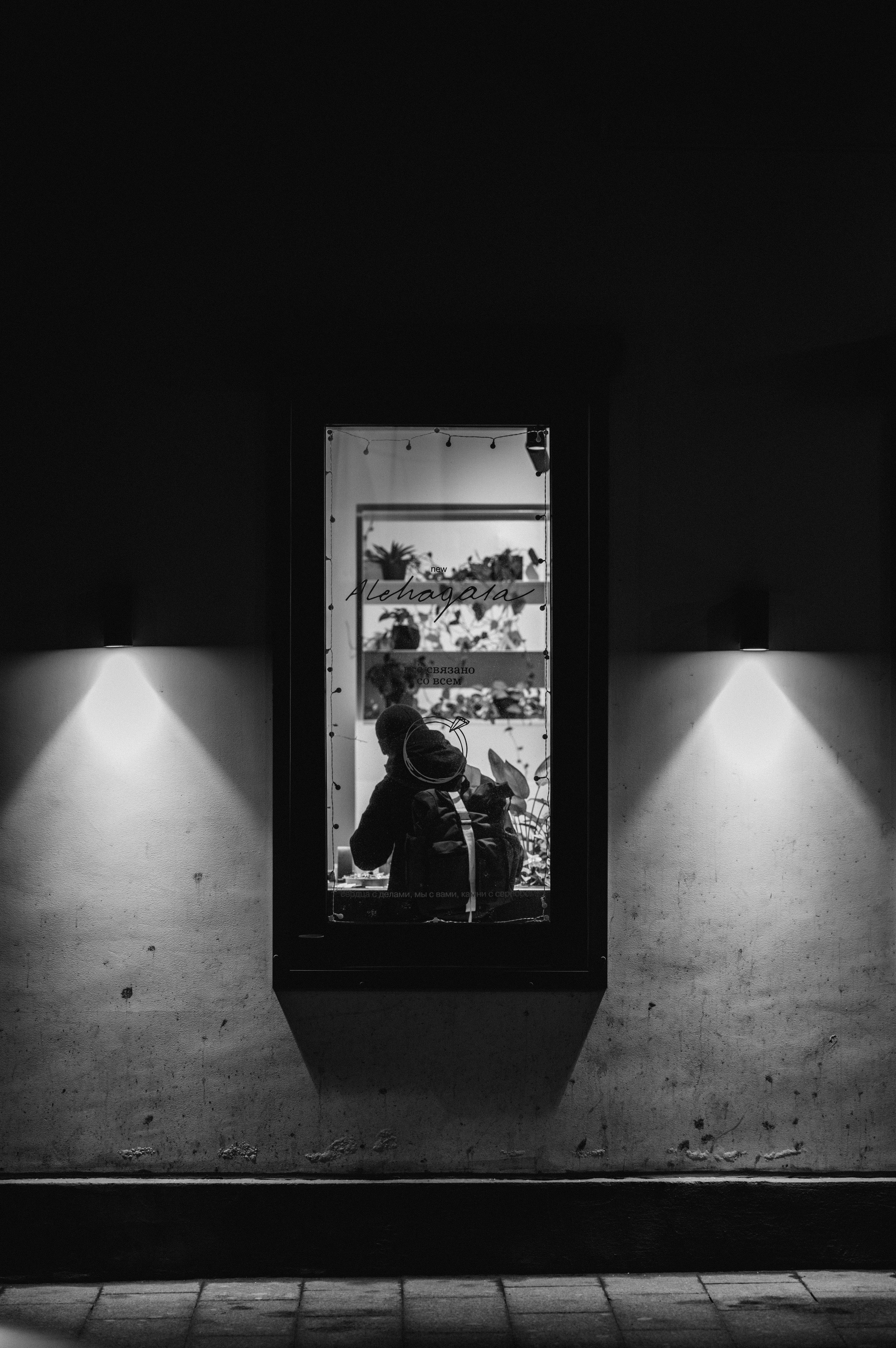 A figure gazes into a shop window illuminated by soft lights, surrounded by shadows of the night. The scene captures a moment of quiet contemplation.