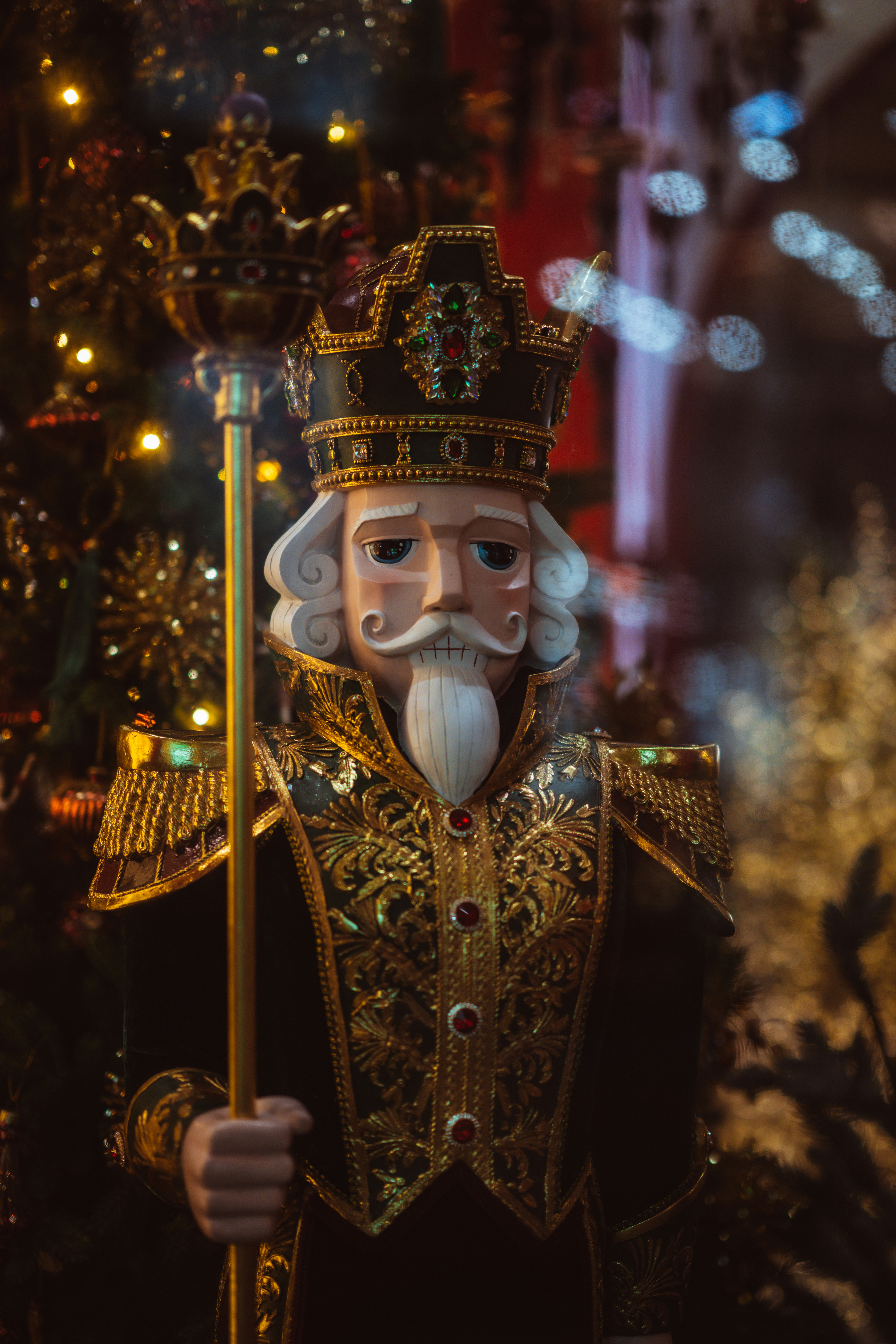  regal nutcracker guardian amid twinkling holiday lights