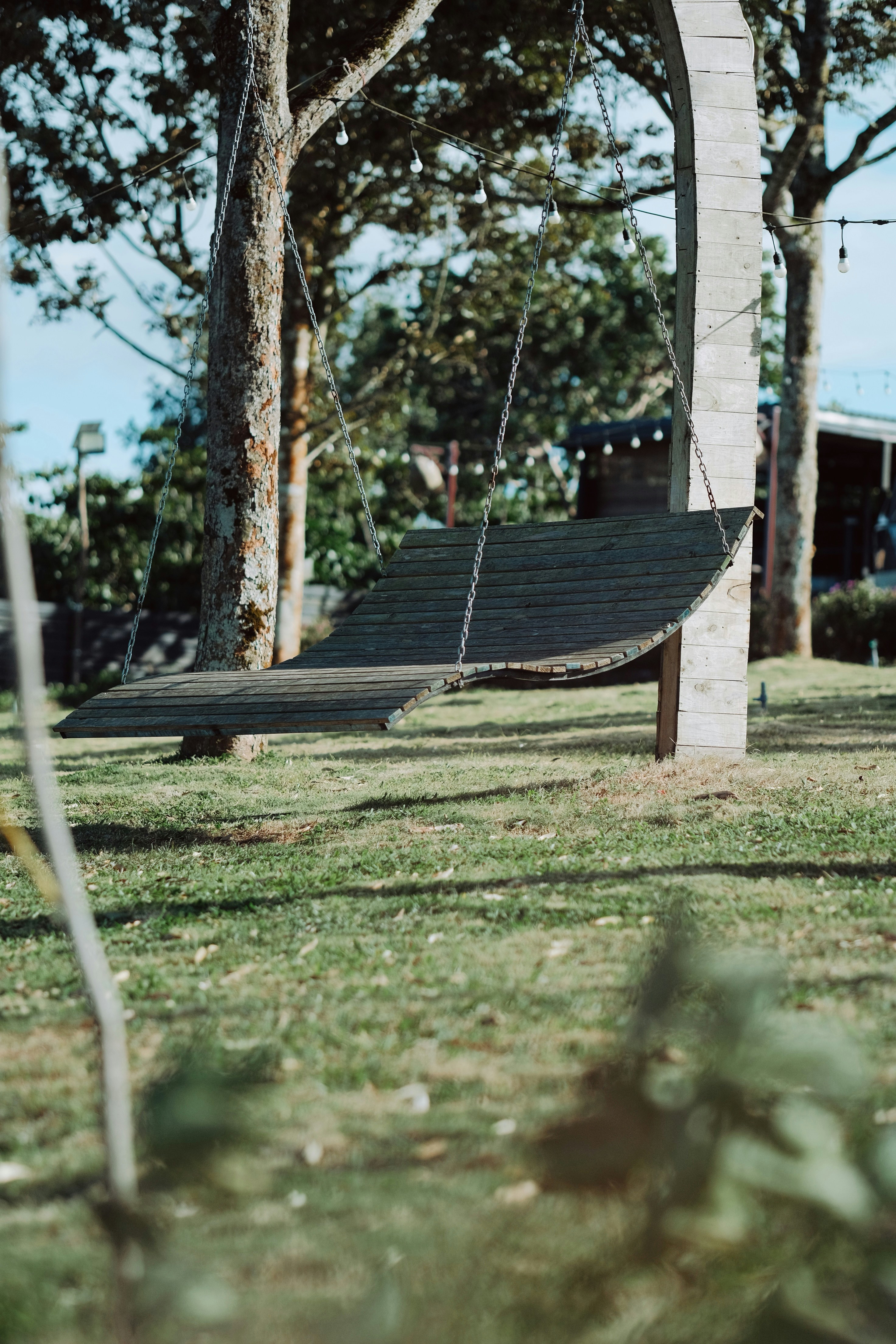 Timber Swing in a Sunlit Park: Chains, Grain, and Quiet Evening Light