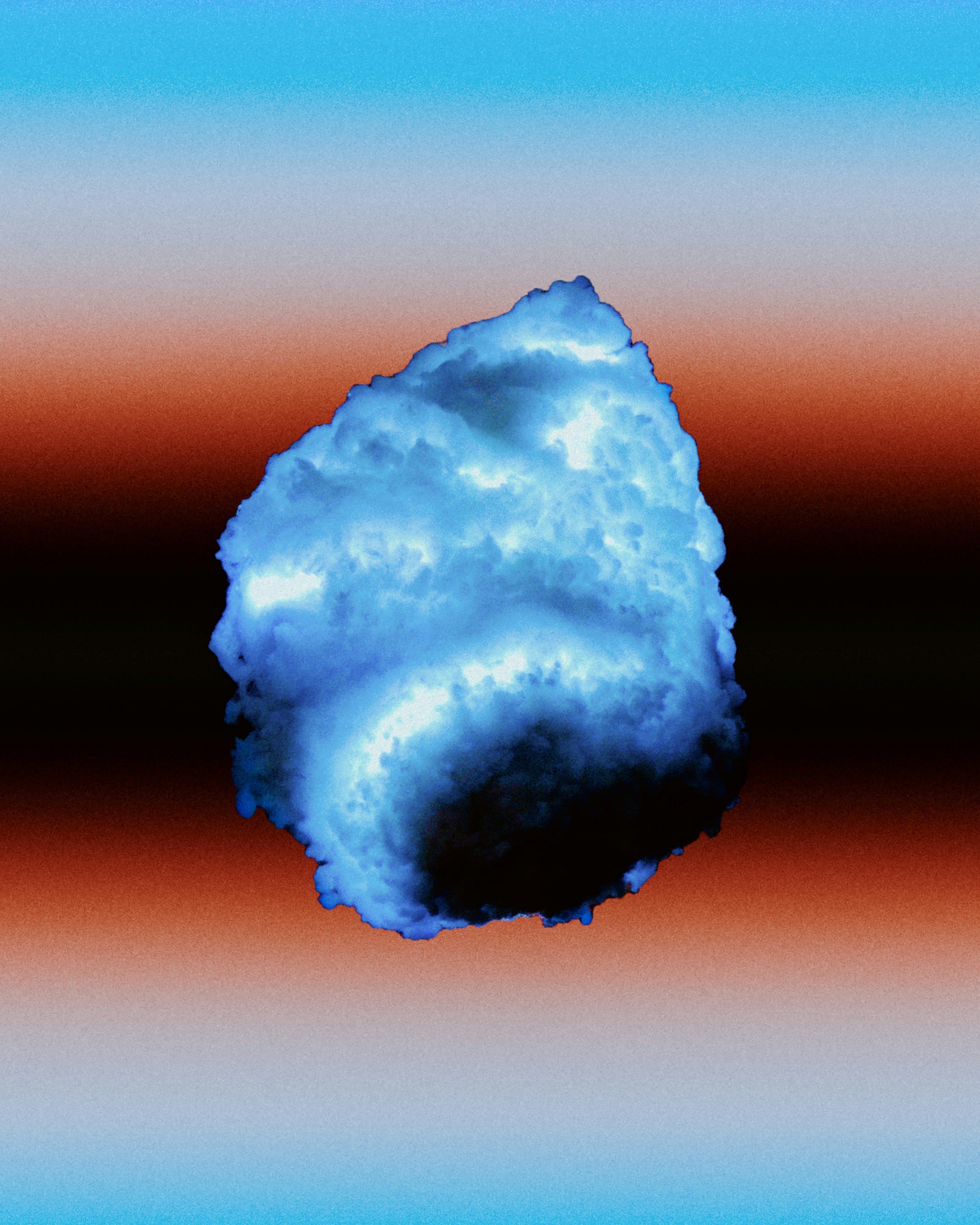 Cobalt-blue cloud-like rock floats against a horizontal gradient horizon, its jagged edges contrasting with layered sky.