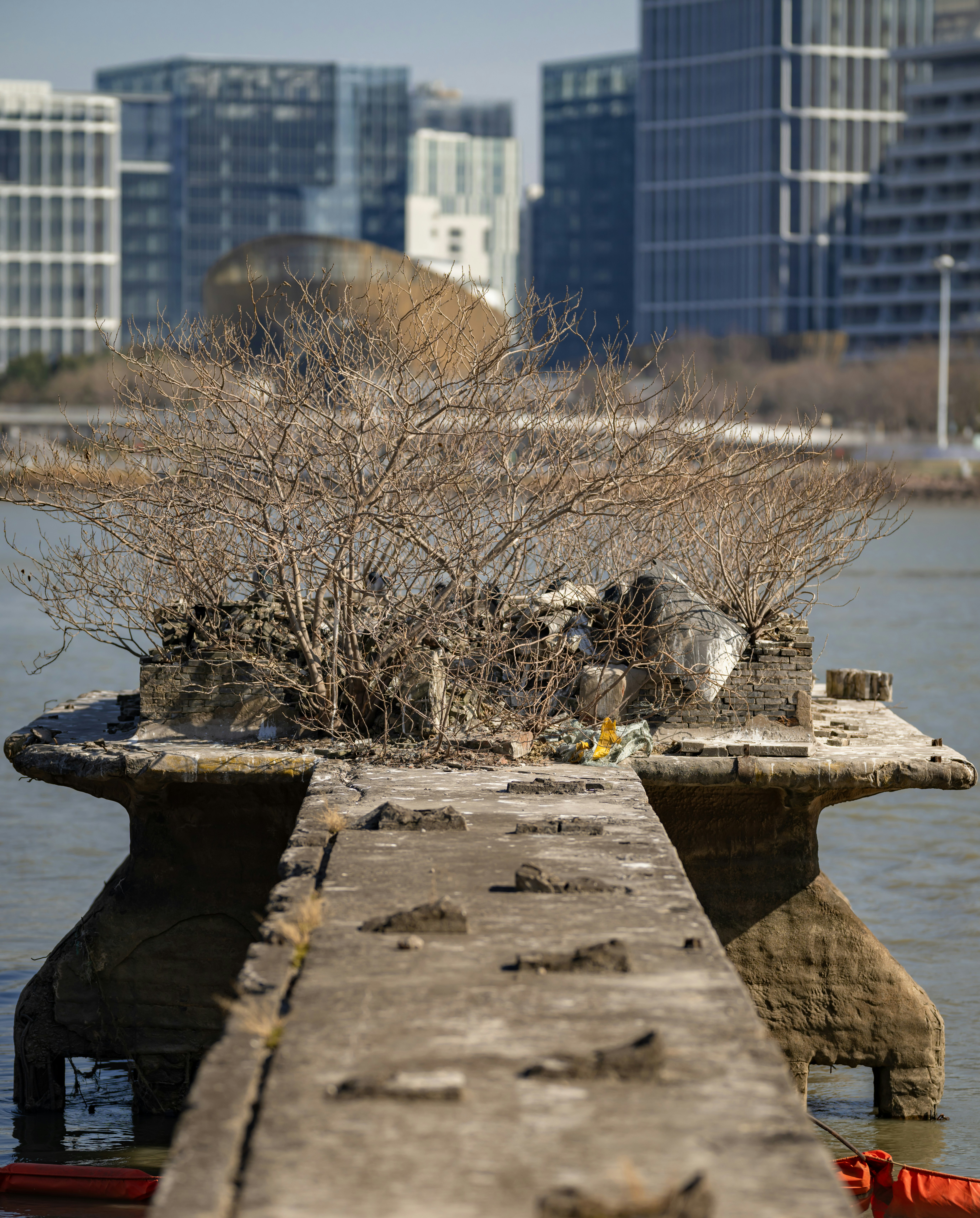 Ruins and Reflections: A Weathered Pier Framing the City Skyline