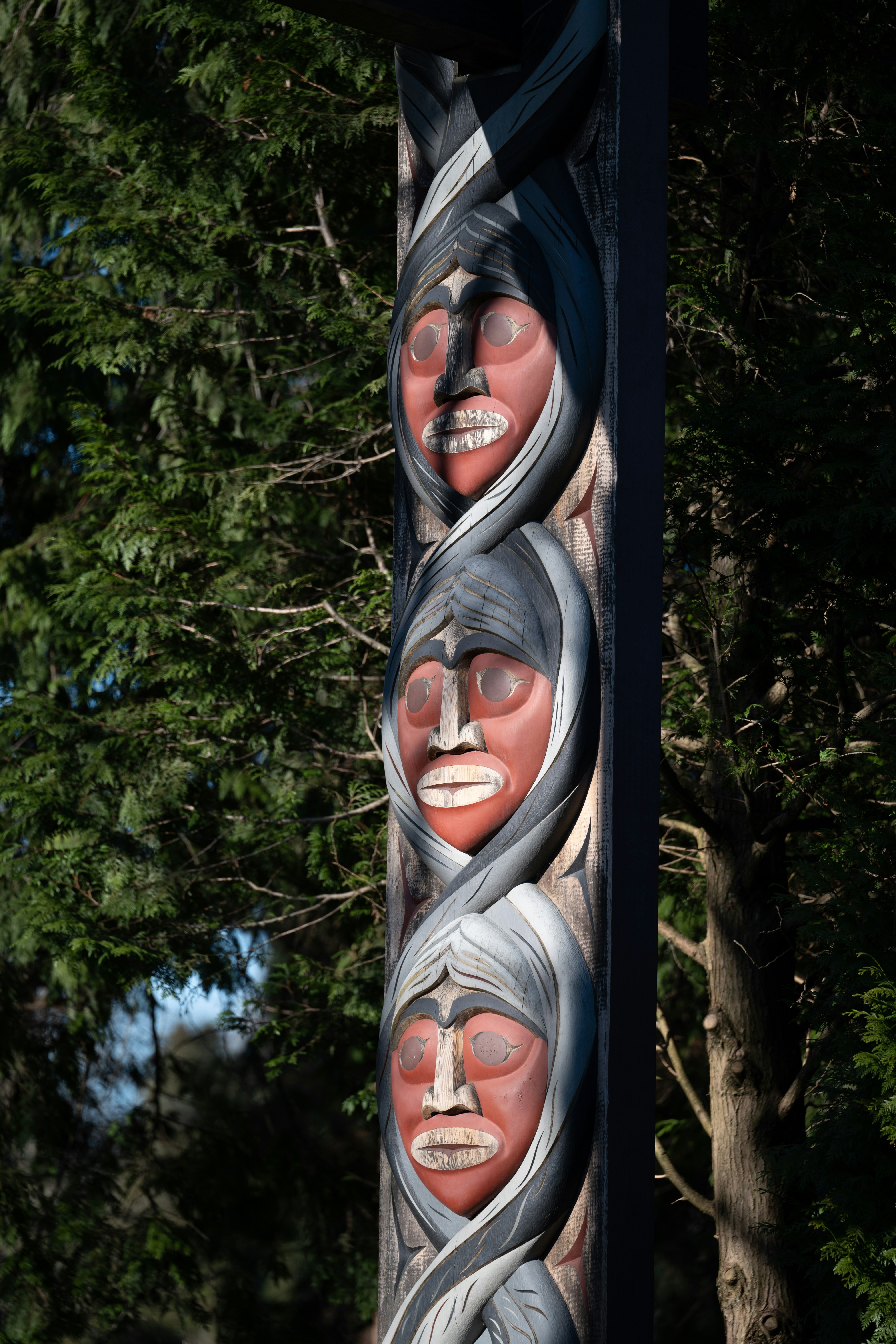 Three-Faced Totem Rising Along a Cedar Column