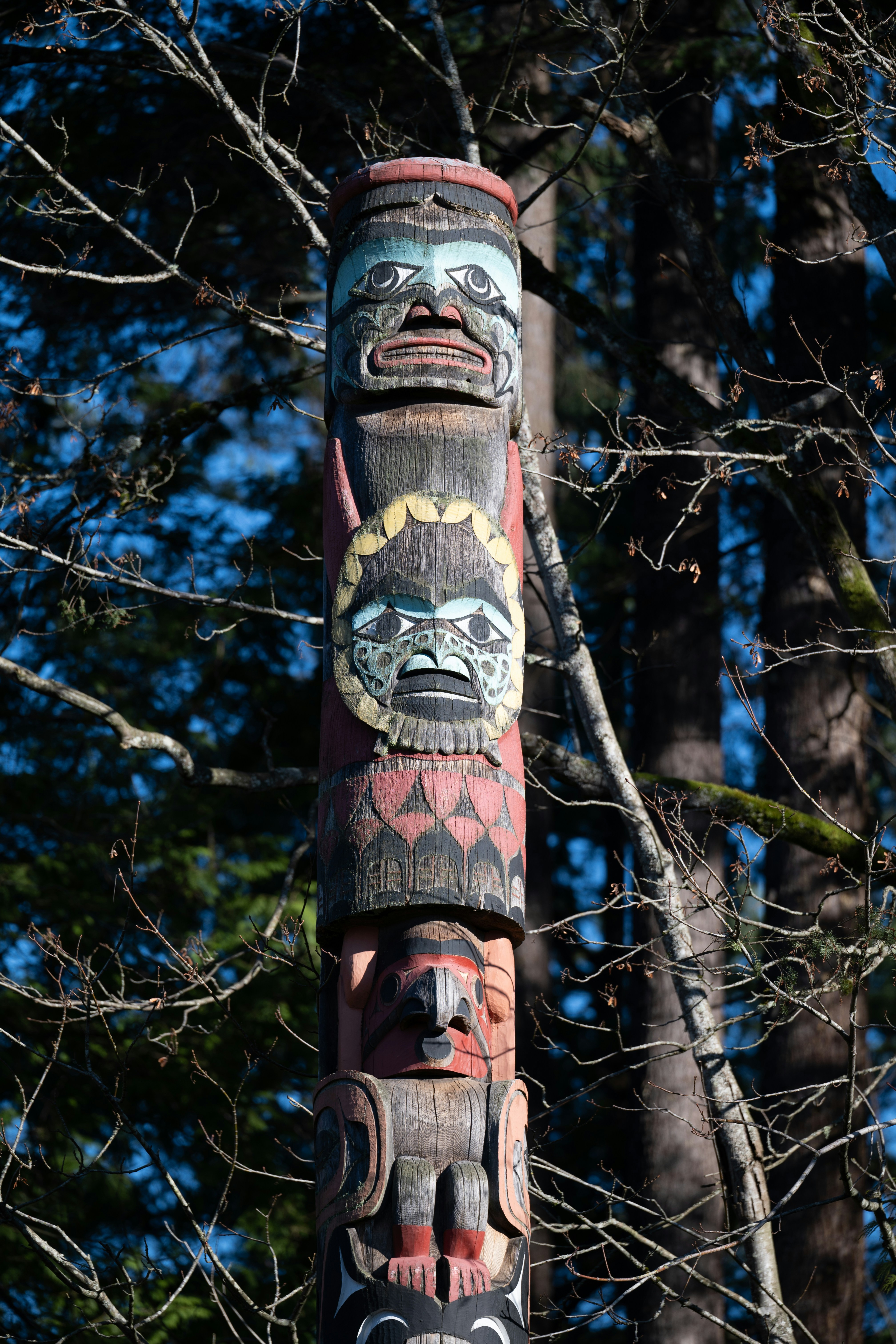 A totem pole in a forest with trees in the background photo – Free ...