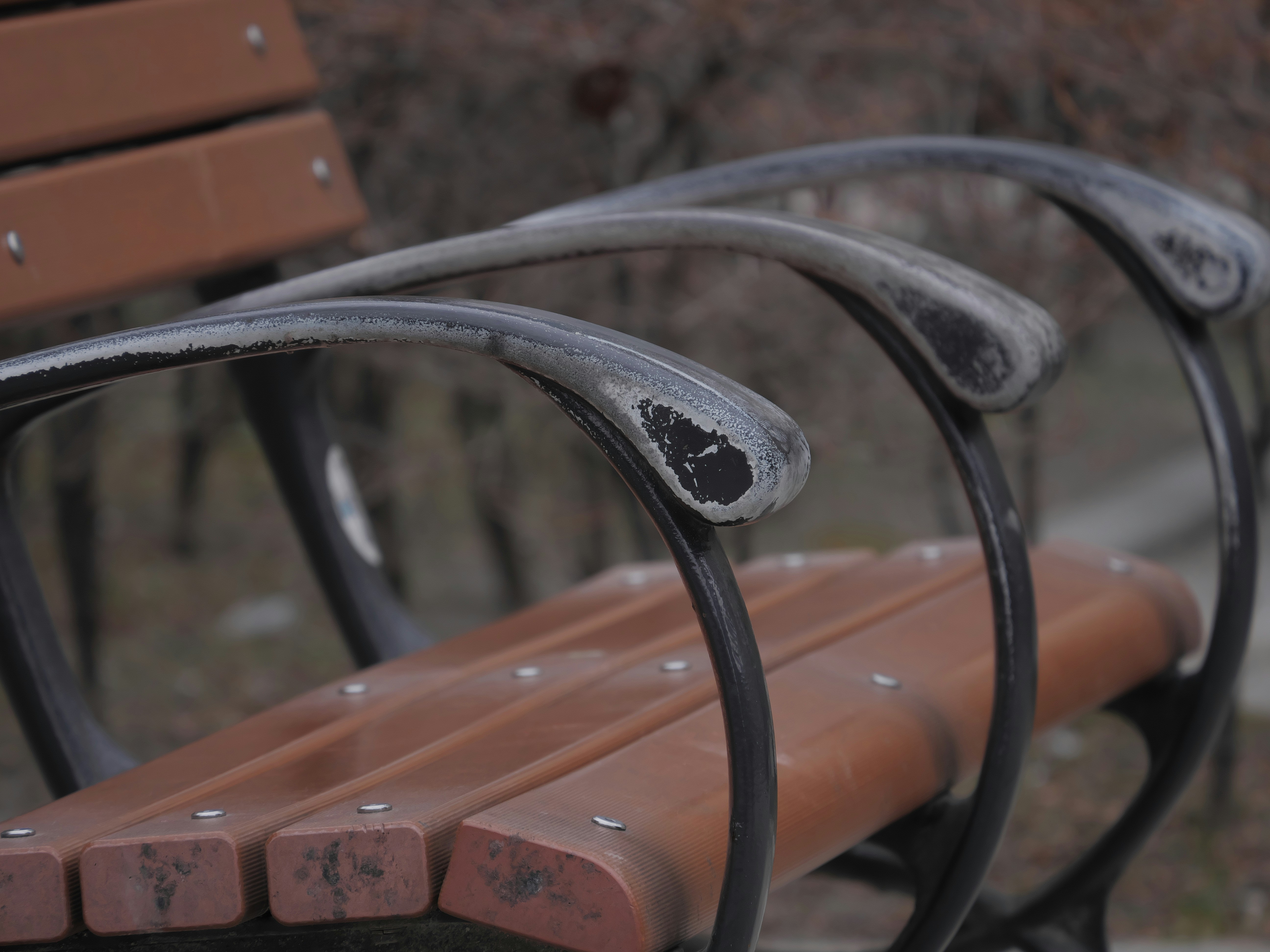 Weathered Curves: Close-up of a park bench's chipped metal arms