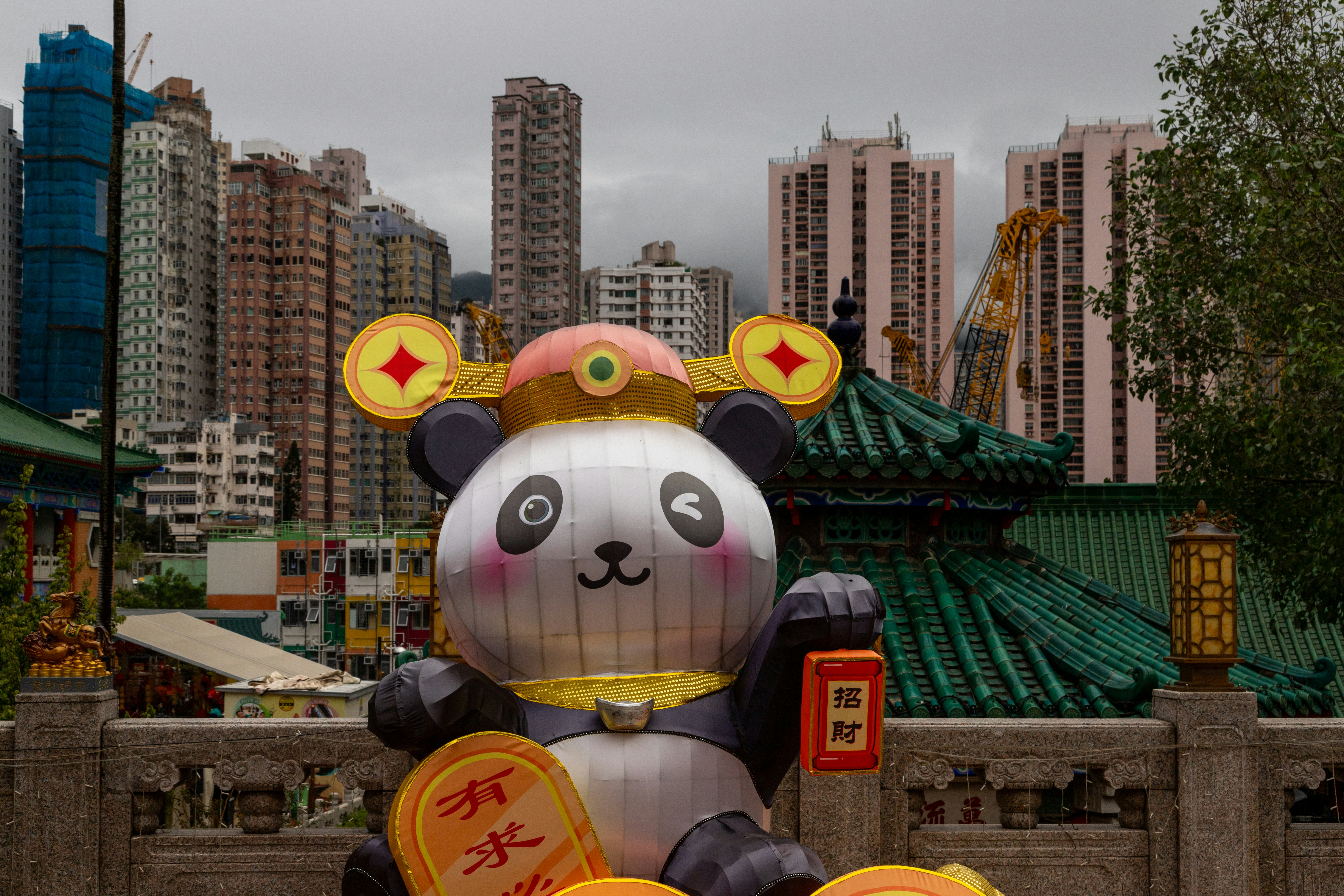 Panda Guardian at a Temple Plaza with a Skyline Rising Behind
