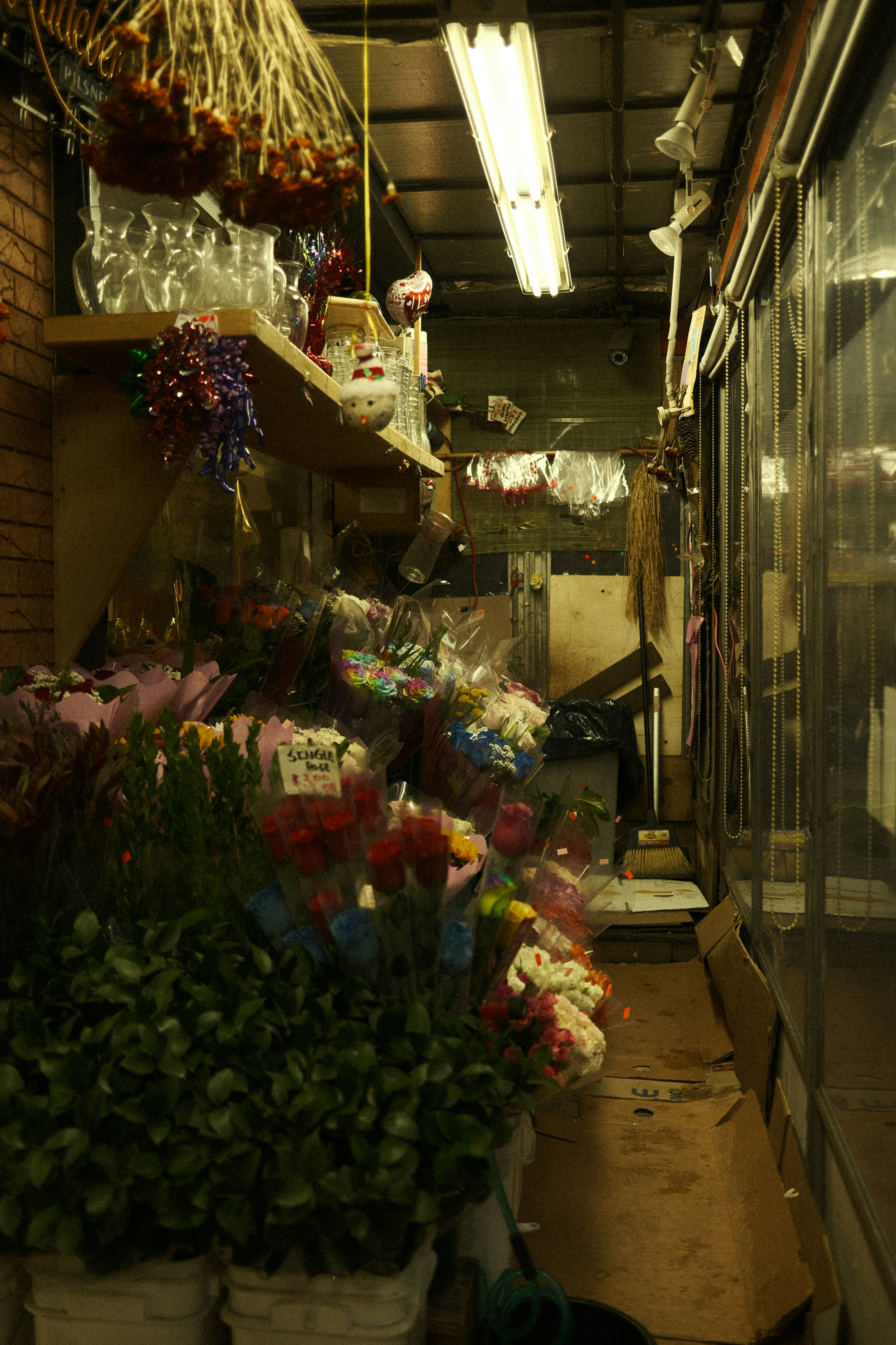 Neon-Glow Aisle: A Flower Shop's Narrow Corridor
