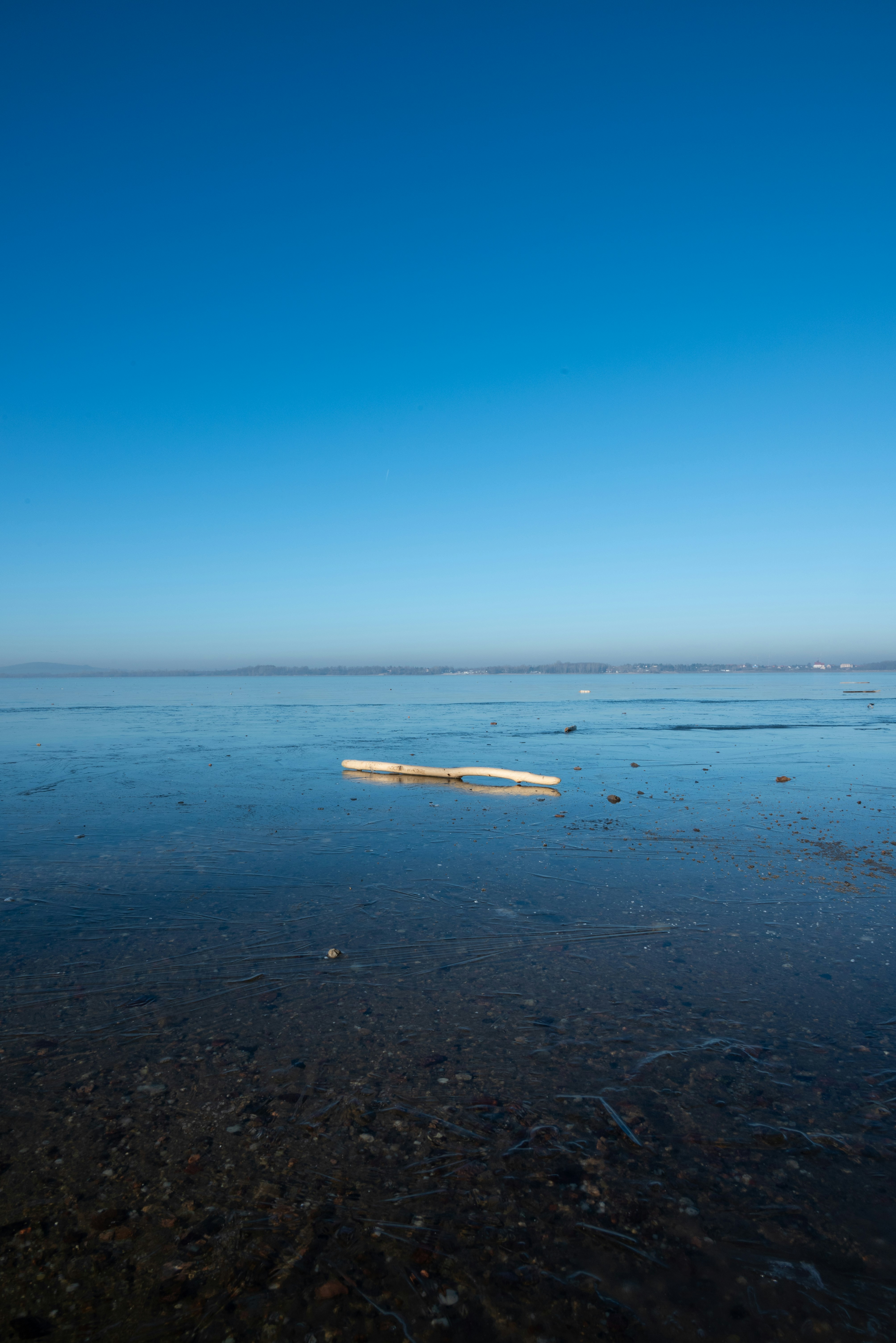 Azure Silence on a Glassy Shore with a Lone Driftwood
