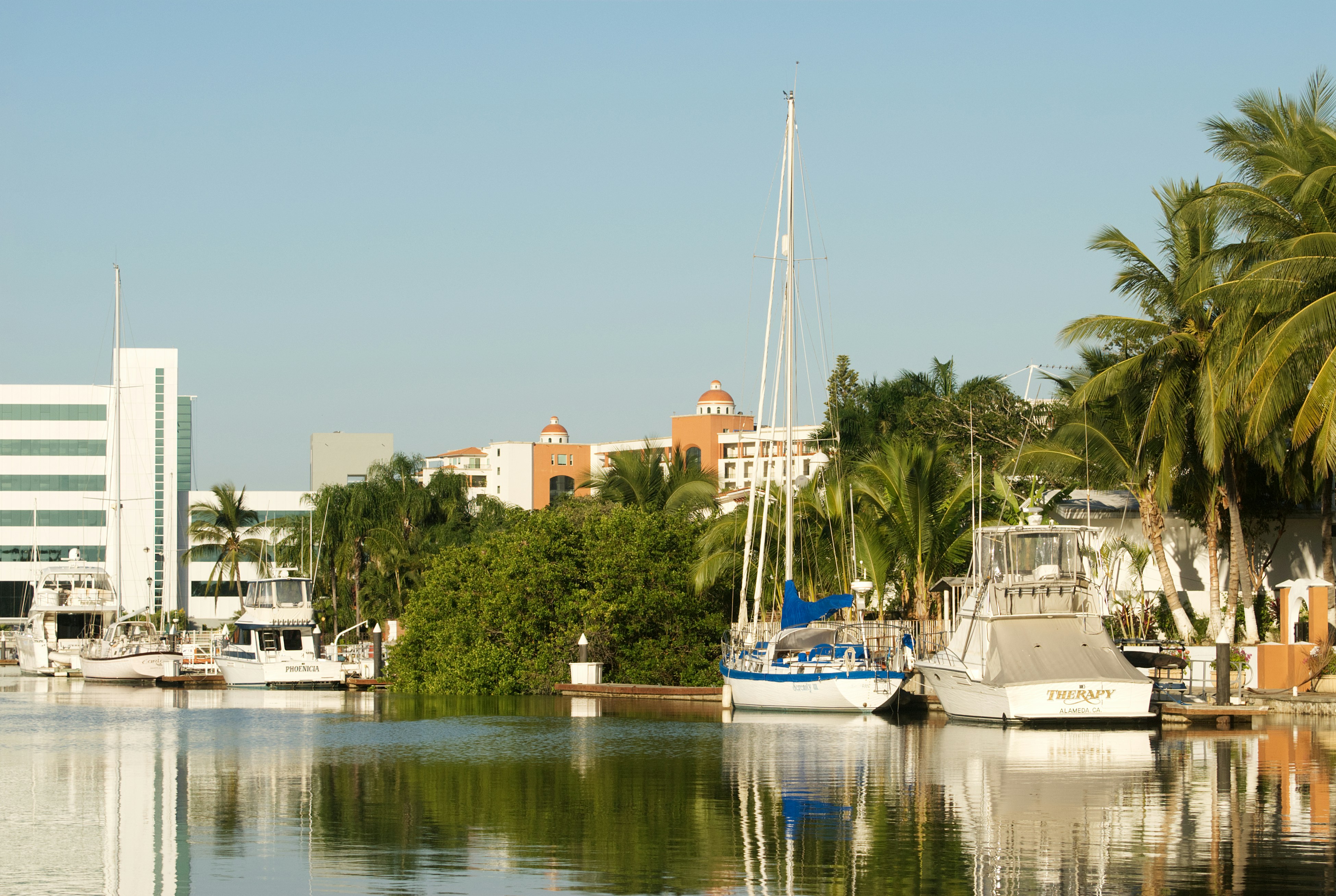 Sailboats and palm trees reflected in a calm water channel under a clear blue sky.