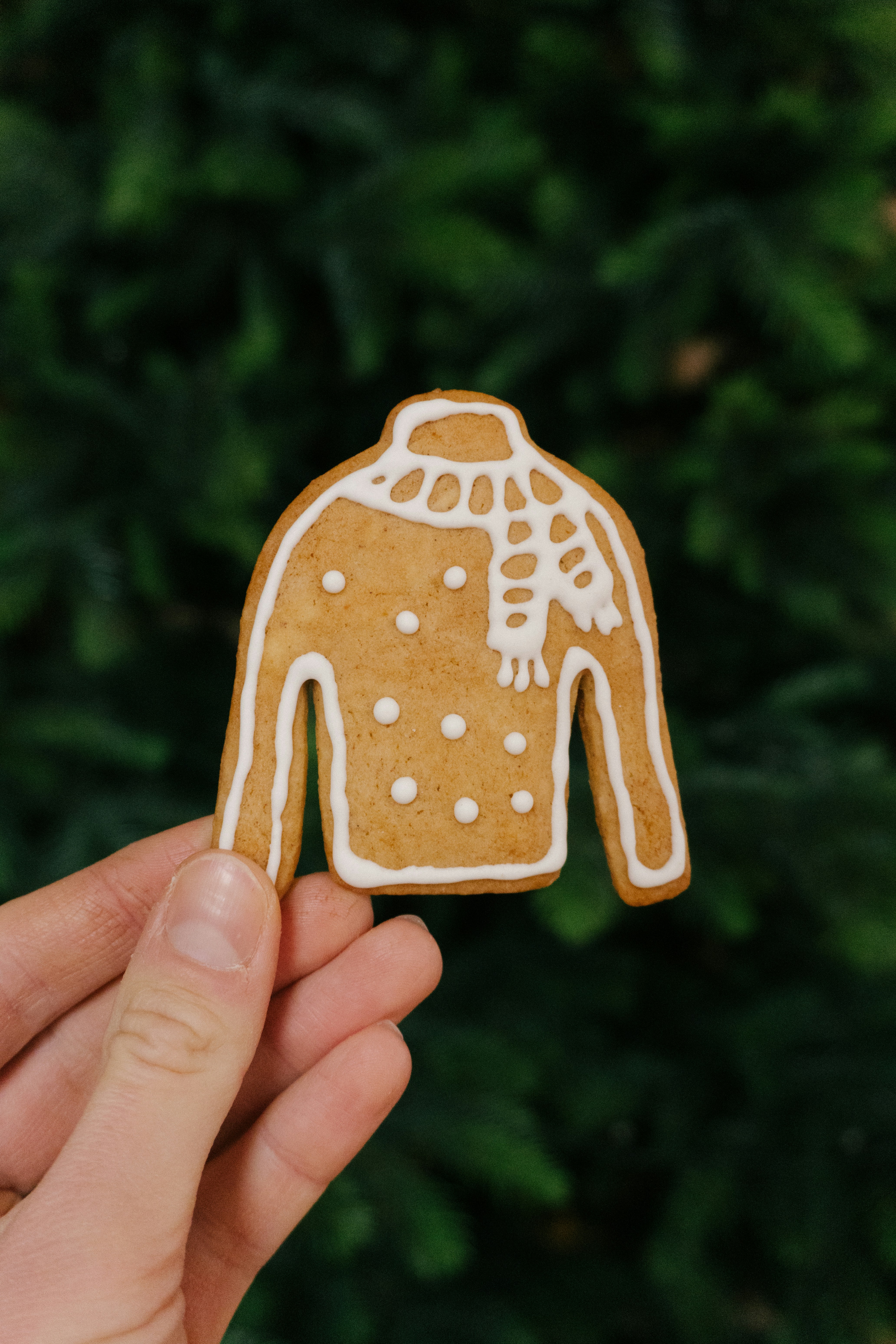 Close-up of a frosted sweater-shaped cookie held between fingers against a blurred green background.