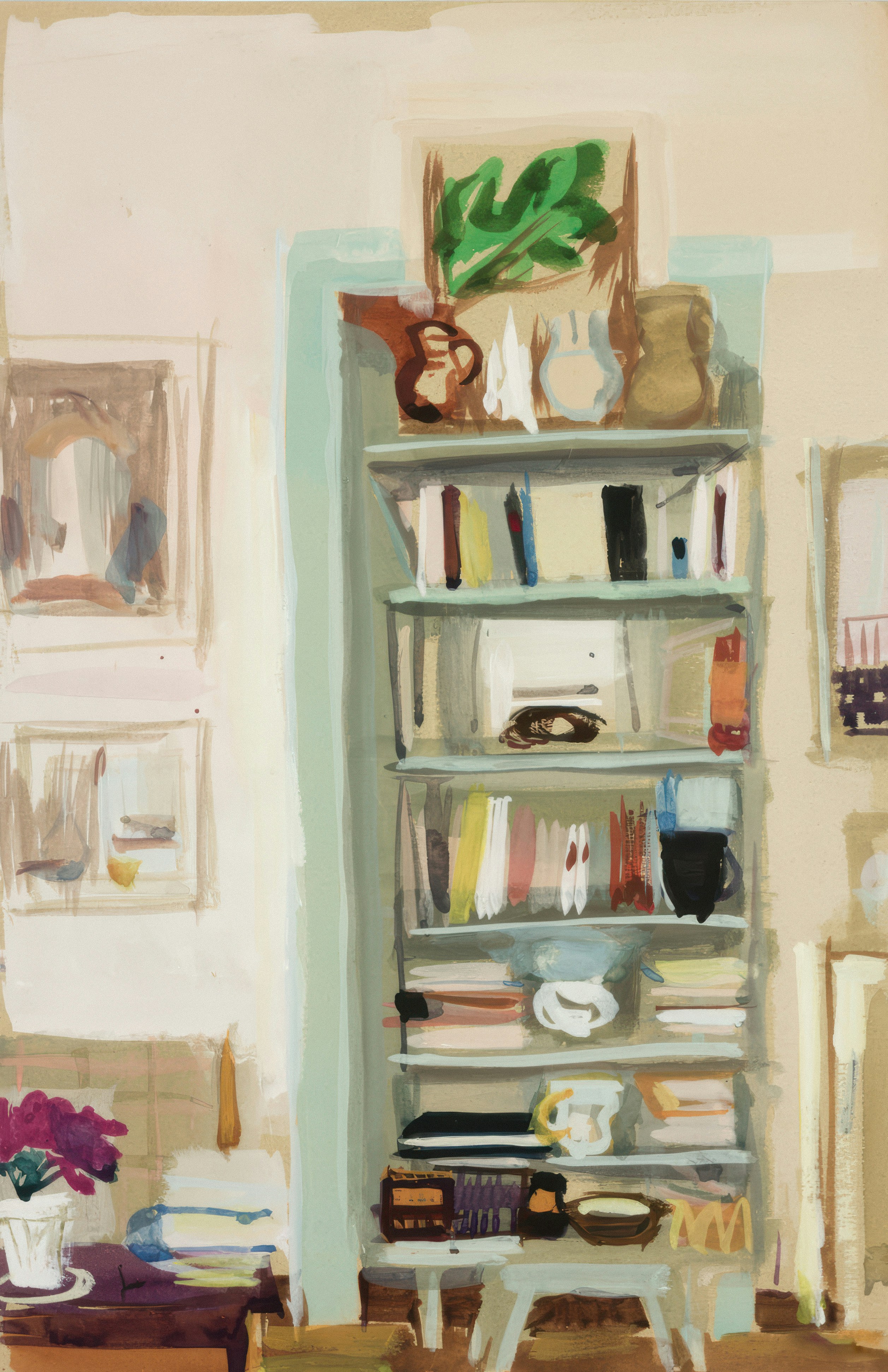Pastel Shelfscape: A Mint-Green Bookcase Nestled in Soft Interior Light.