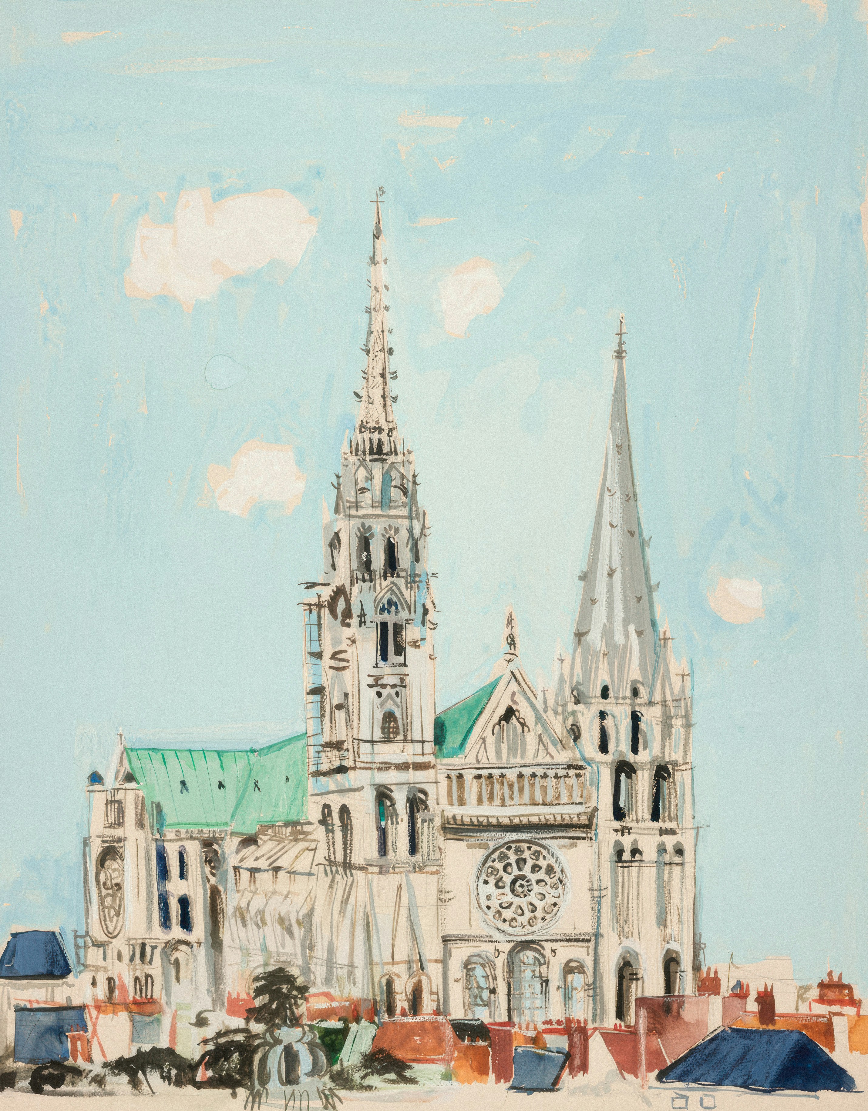 Pastel Facade: Cathedral Towers Beneath a Cerulean Sky