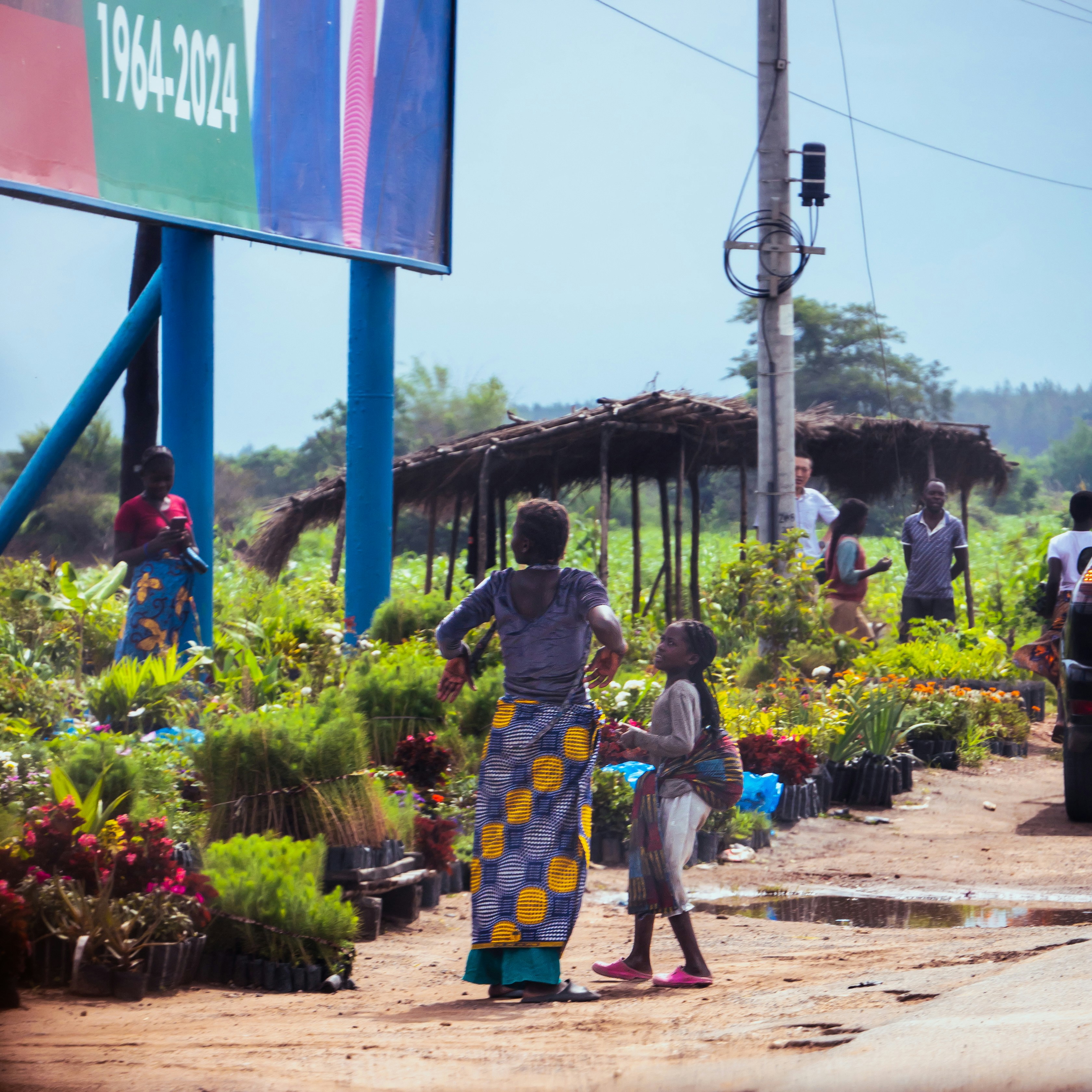 Market Scene: A Mother and Child Amid Flower Stalls by a Rustic Roadside
