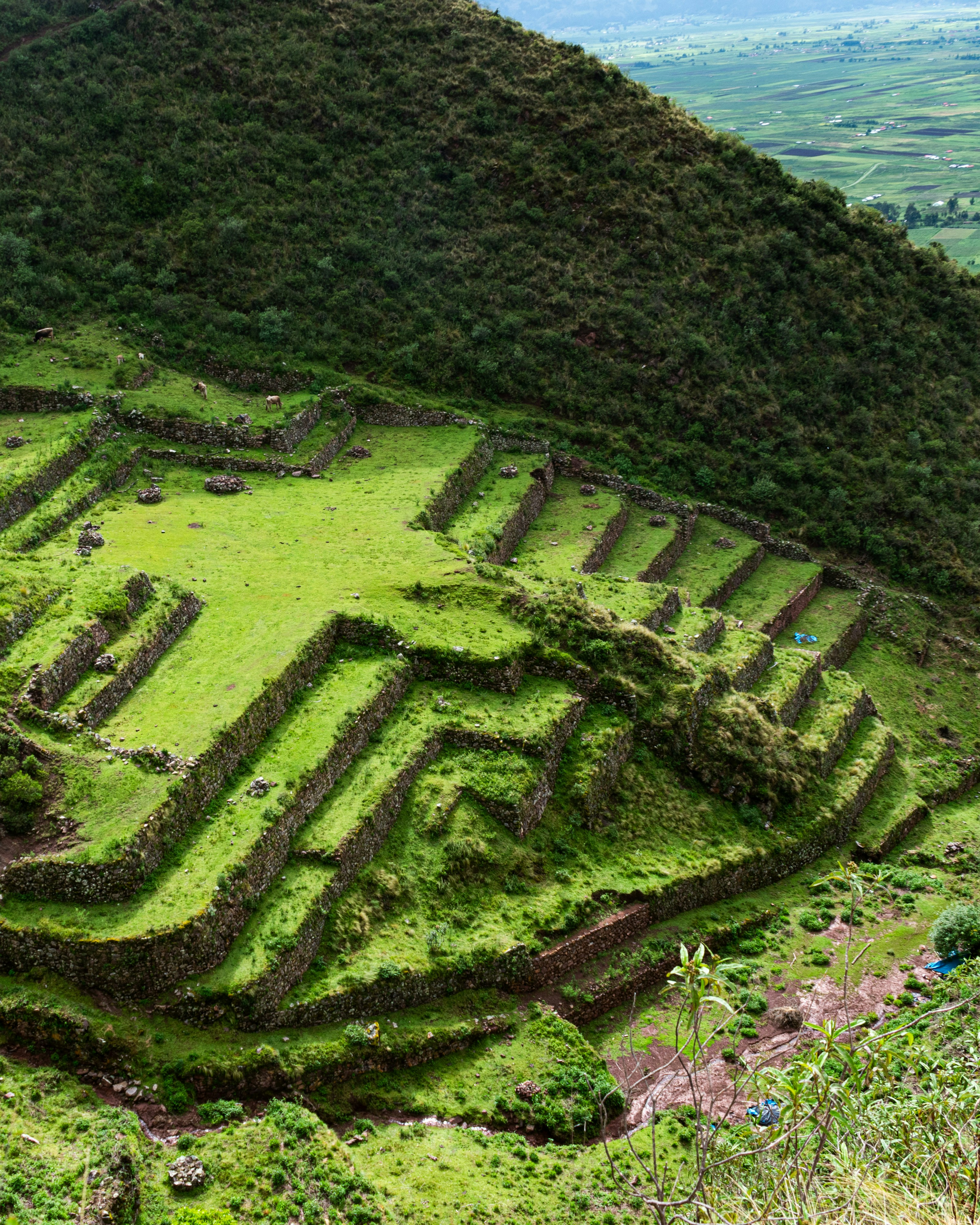 A very large grassy hill with a very long structure on top of it photo ...