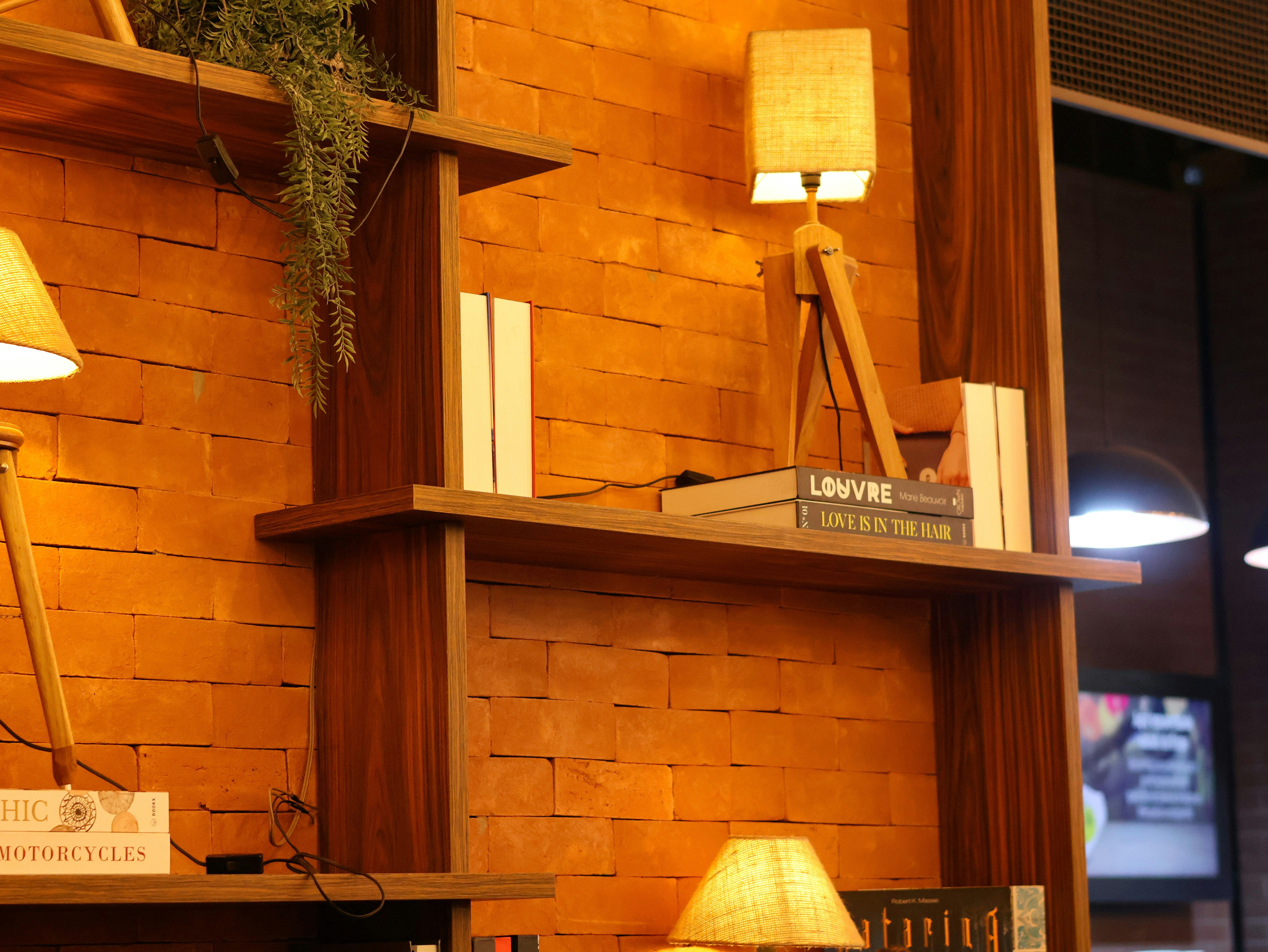 Amber-Lit Shelfscape in a Brick-Walled Nook