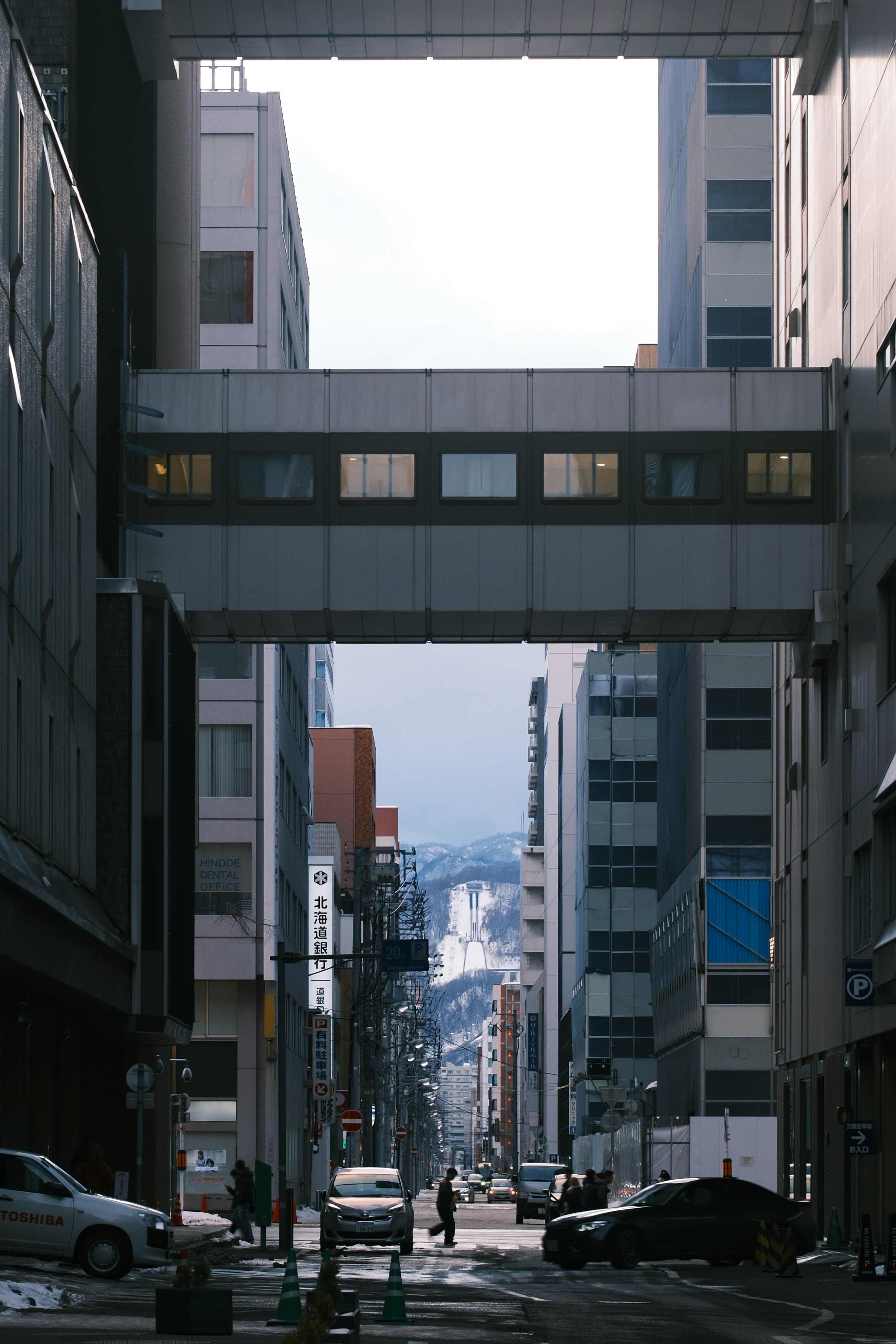 Skyway Corridor: Narrow Street Framed by Towers Toward Snow-Capped Peaks