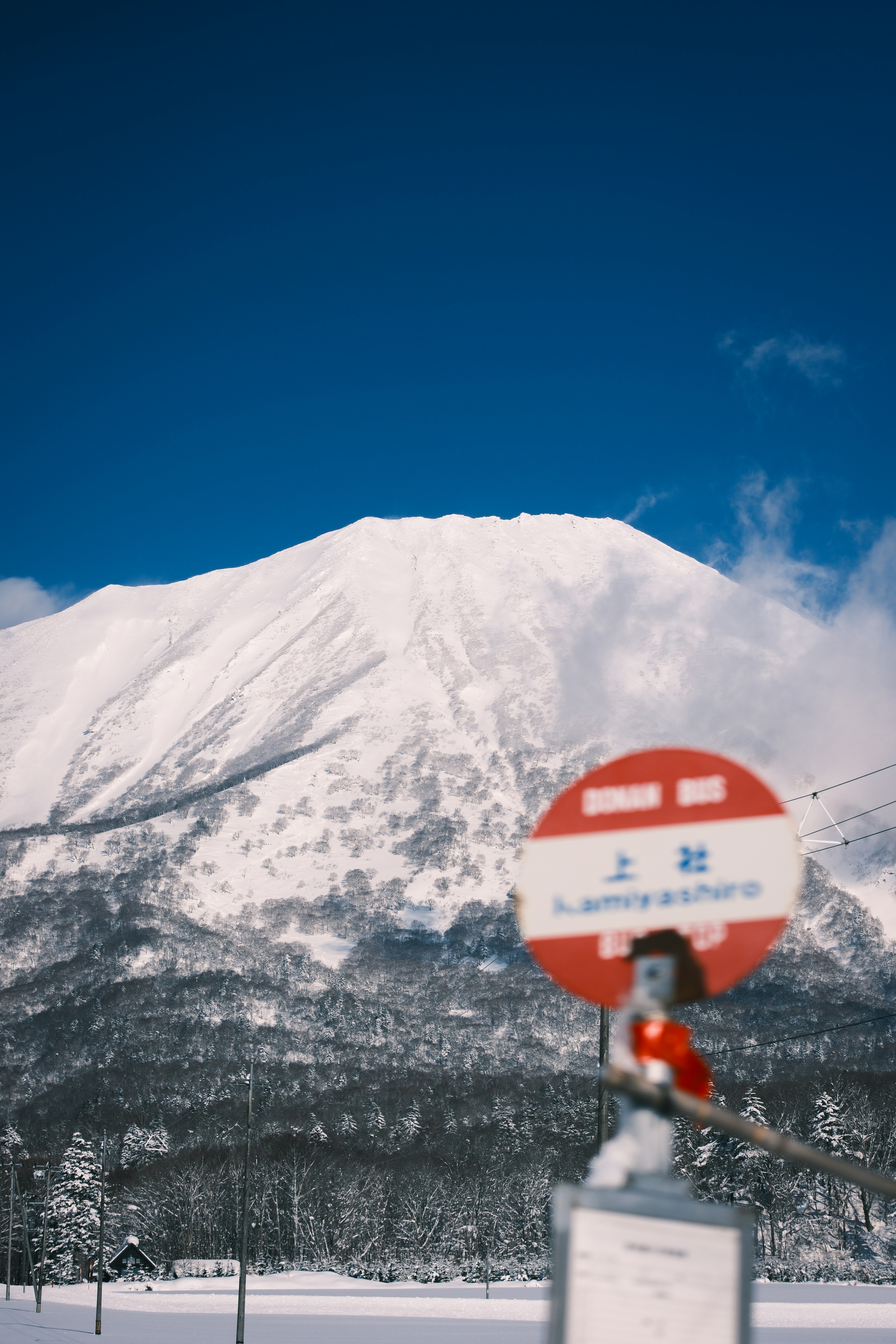 Snow-covered mountain under a clear blue sky with a blurred red and white road sign in the foreground.