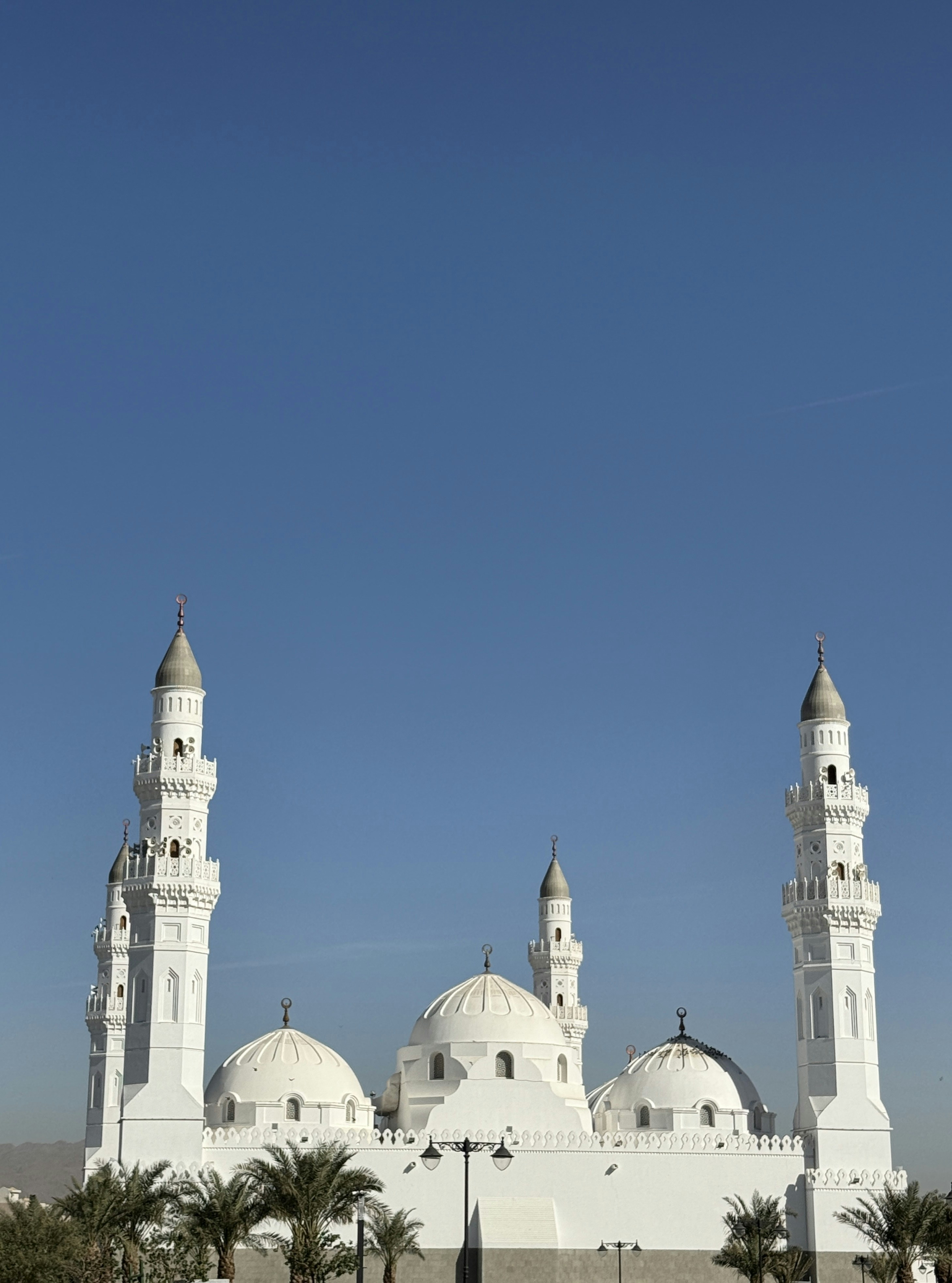 White mosque with a central dome and two tall minarets rises against a clear blue sky, with palm trees in the foreground.