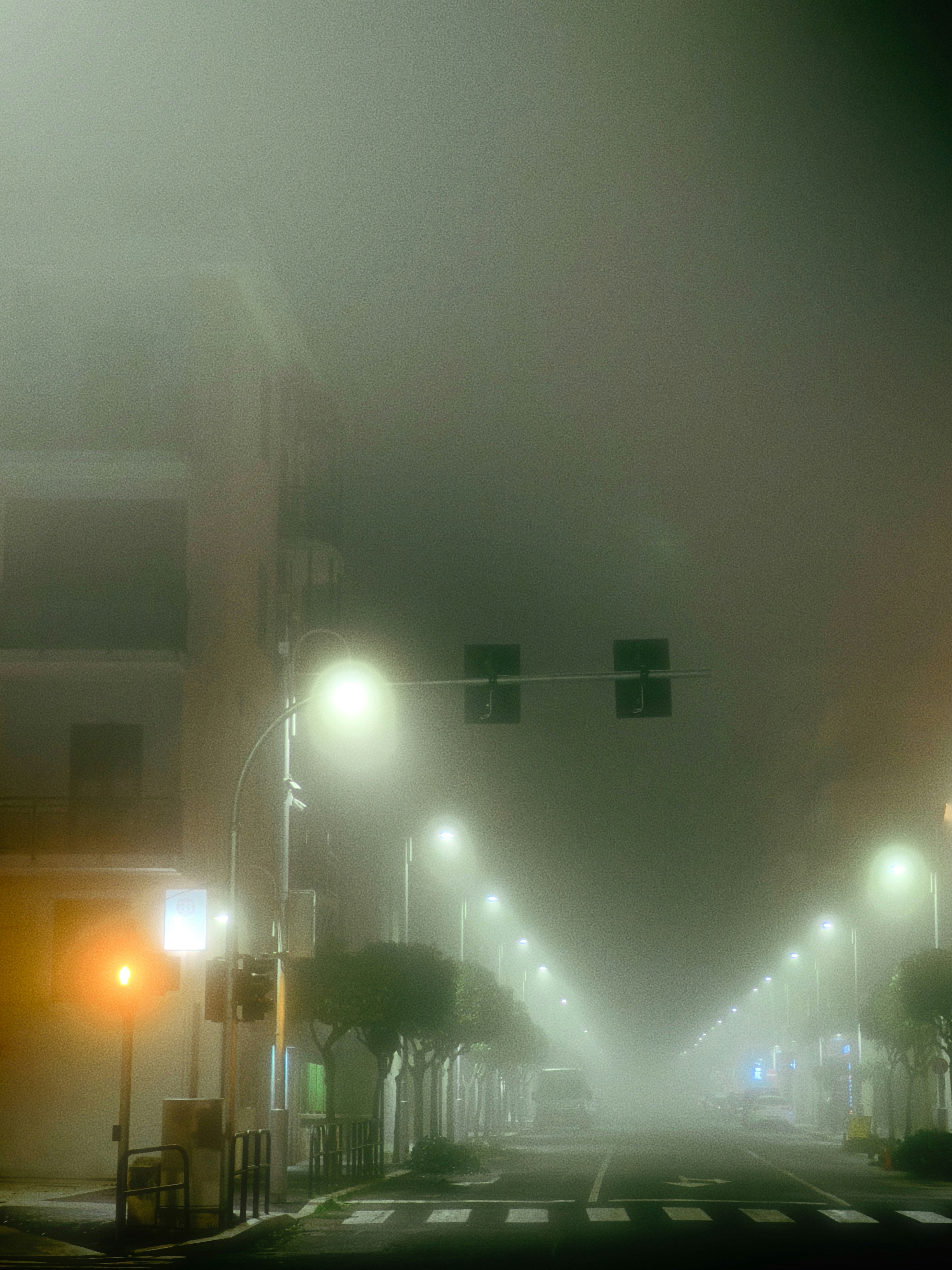 A foggy city street at night with street lights photo – Free Road Image ...