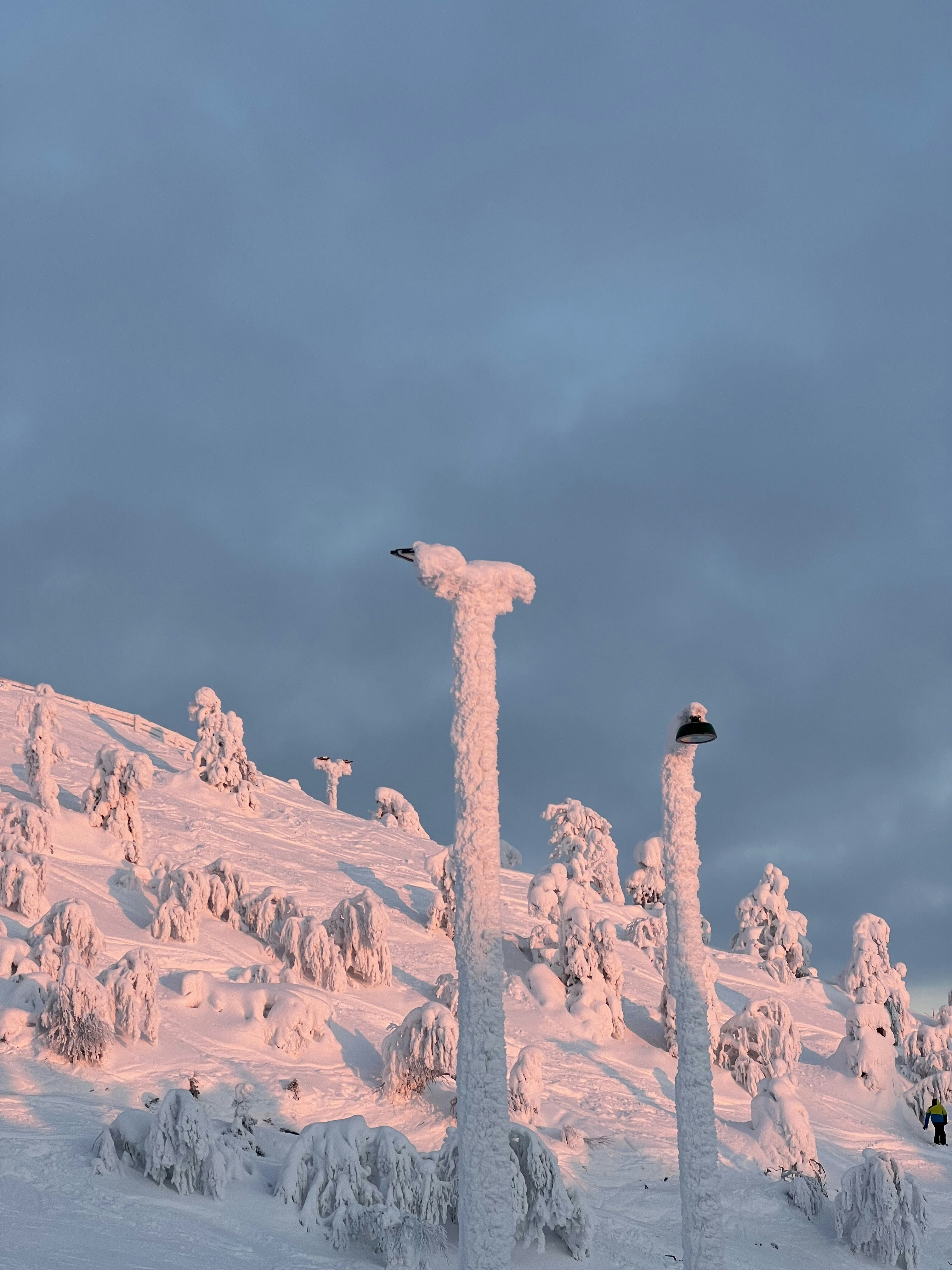 Alpenglow and Frost: Ice-Column Sentinels Over a Snow-Laden Ridge