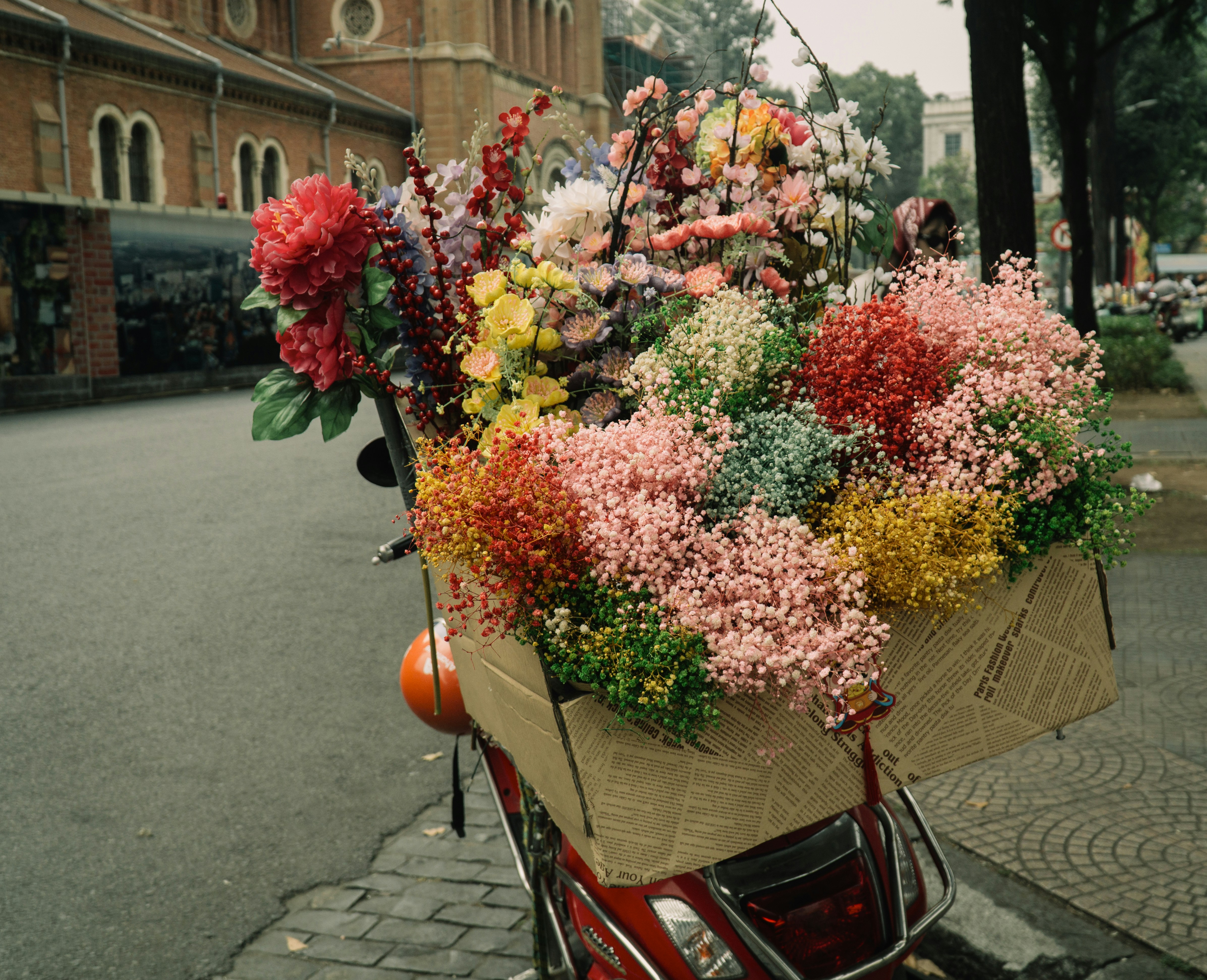 Bouquet Cart on Cobblestone Street: A City Flower Parade