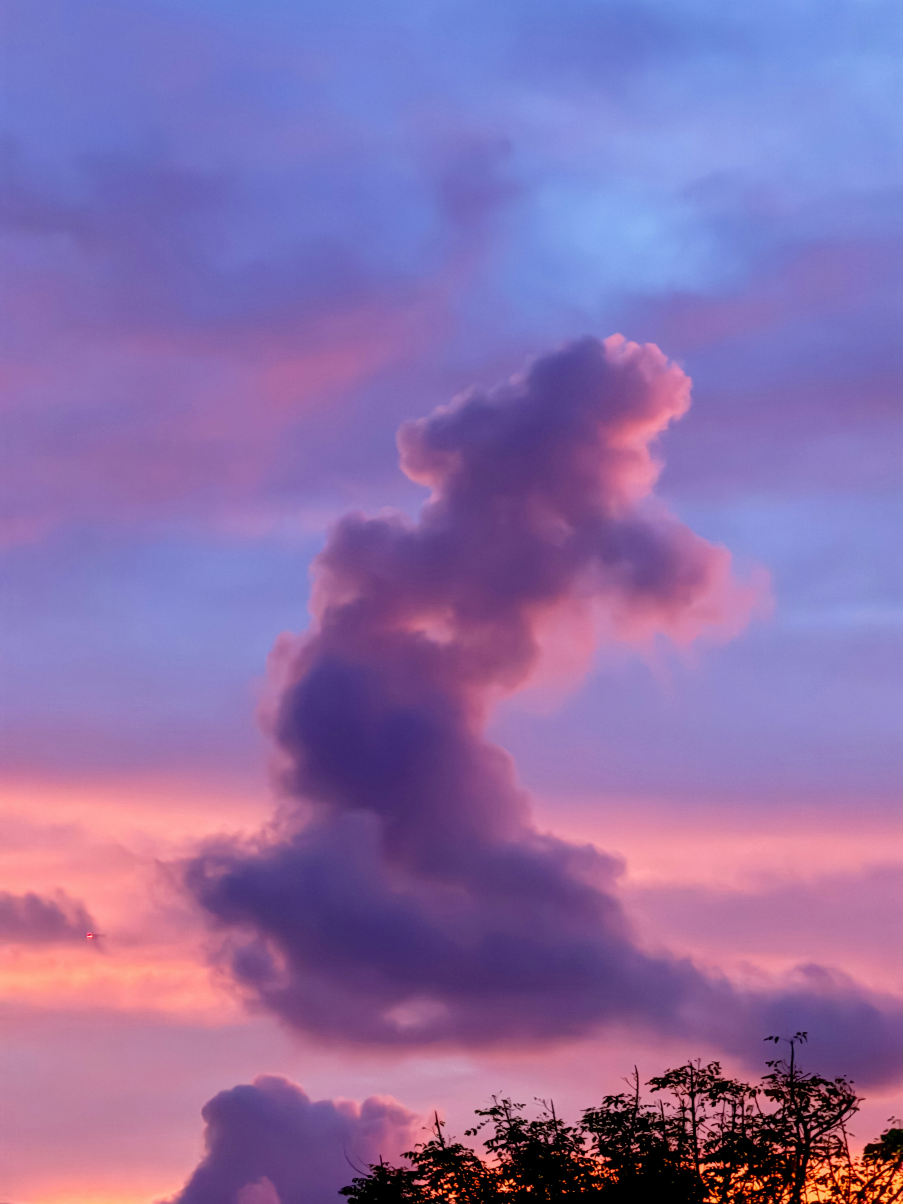 Lavender Plume at Dusk: a cloud pillar rises over a shadowed treeline