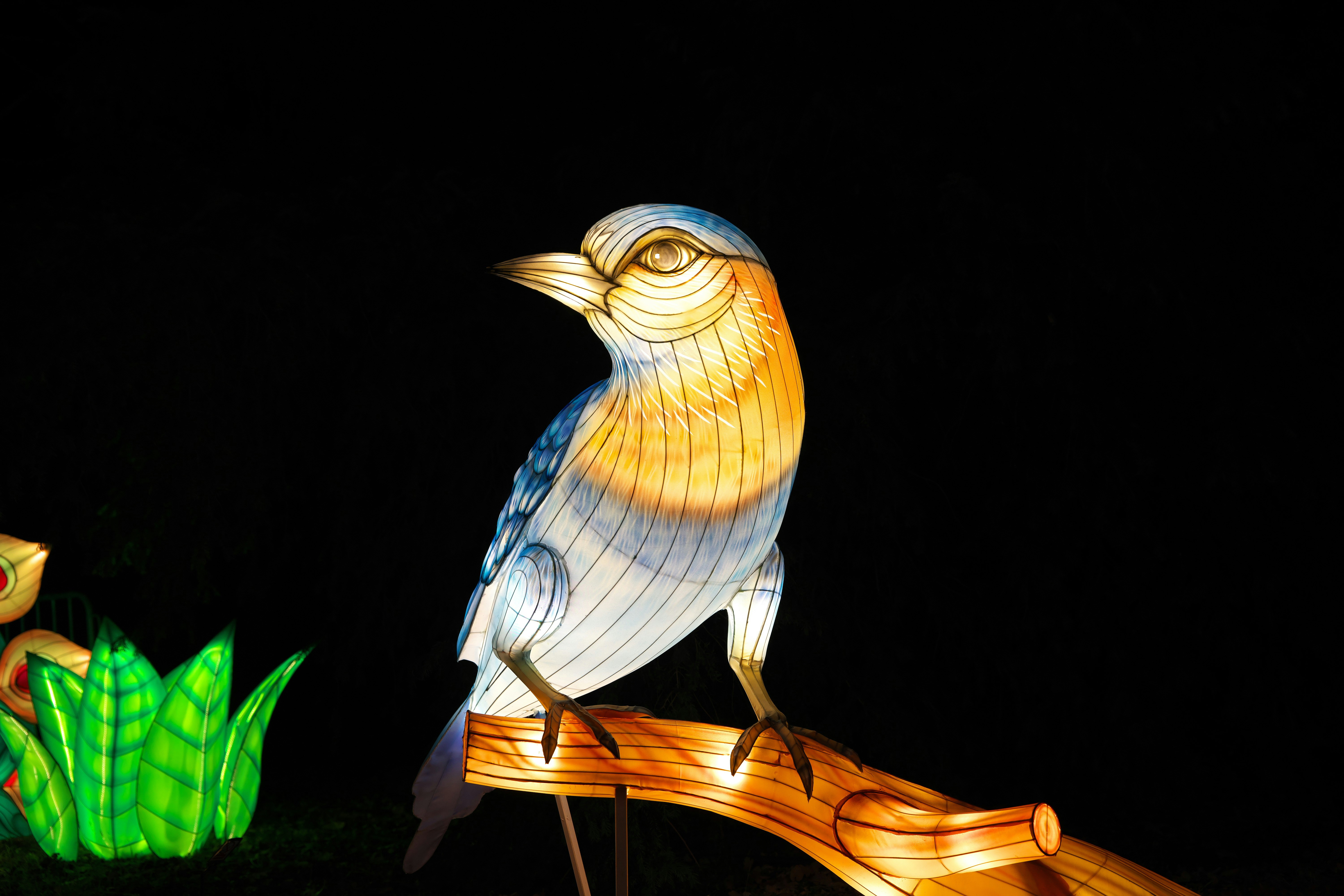Illuminated Night Bird Lantern: A Blue-and-Orange Sculpture Perched on a Glowing Branch