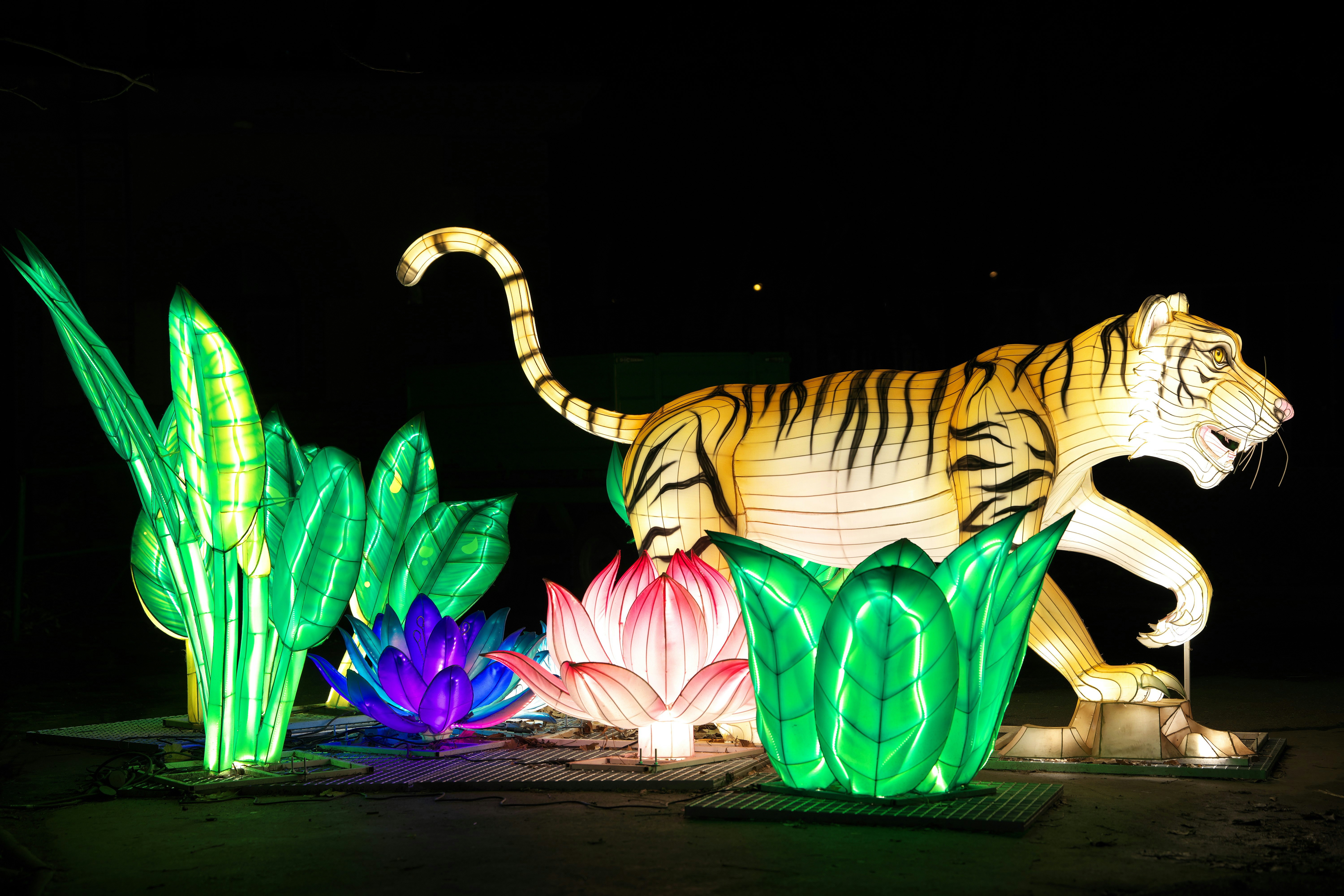 Luminous Tiger Among Neon Lotuses