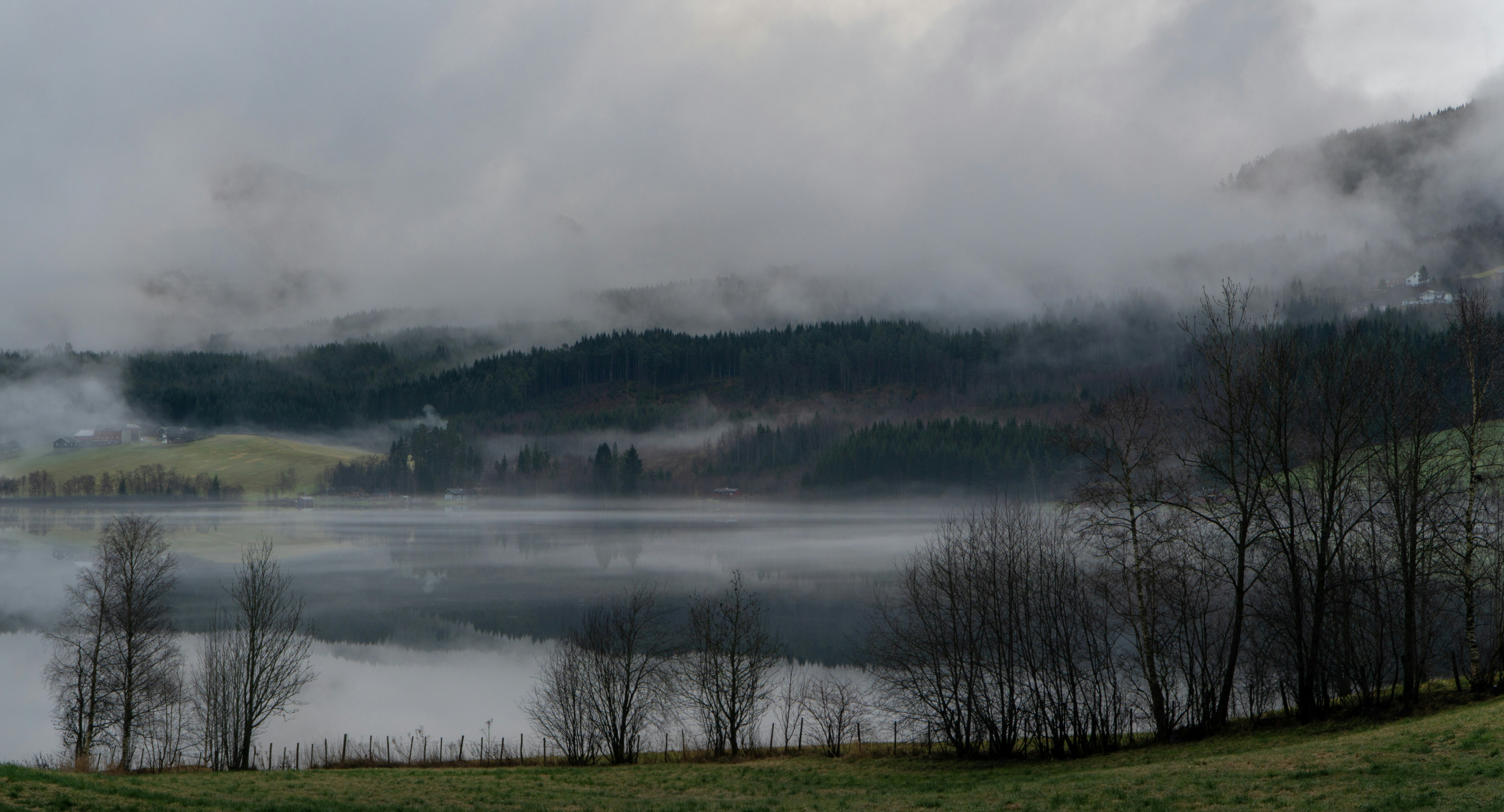 Serene lake shrouded in mist with forested hills in the background and bare trees lining the shore.