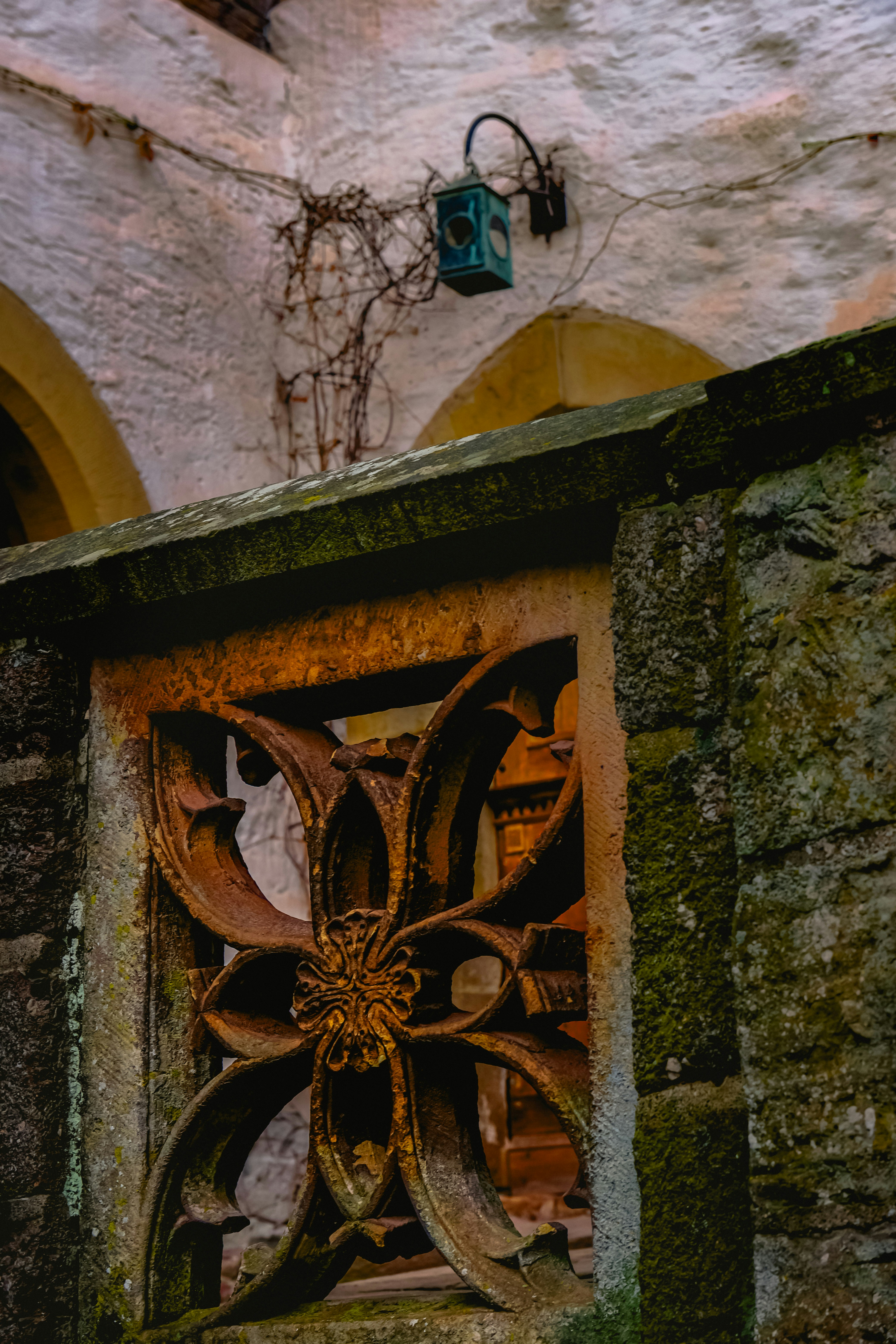 Rust-rose Grille Under a Mossy Arch