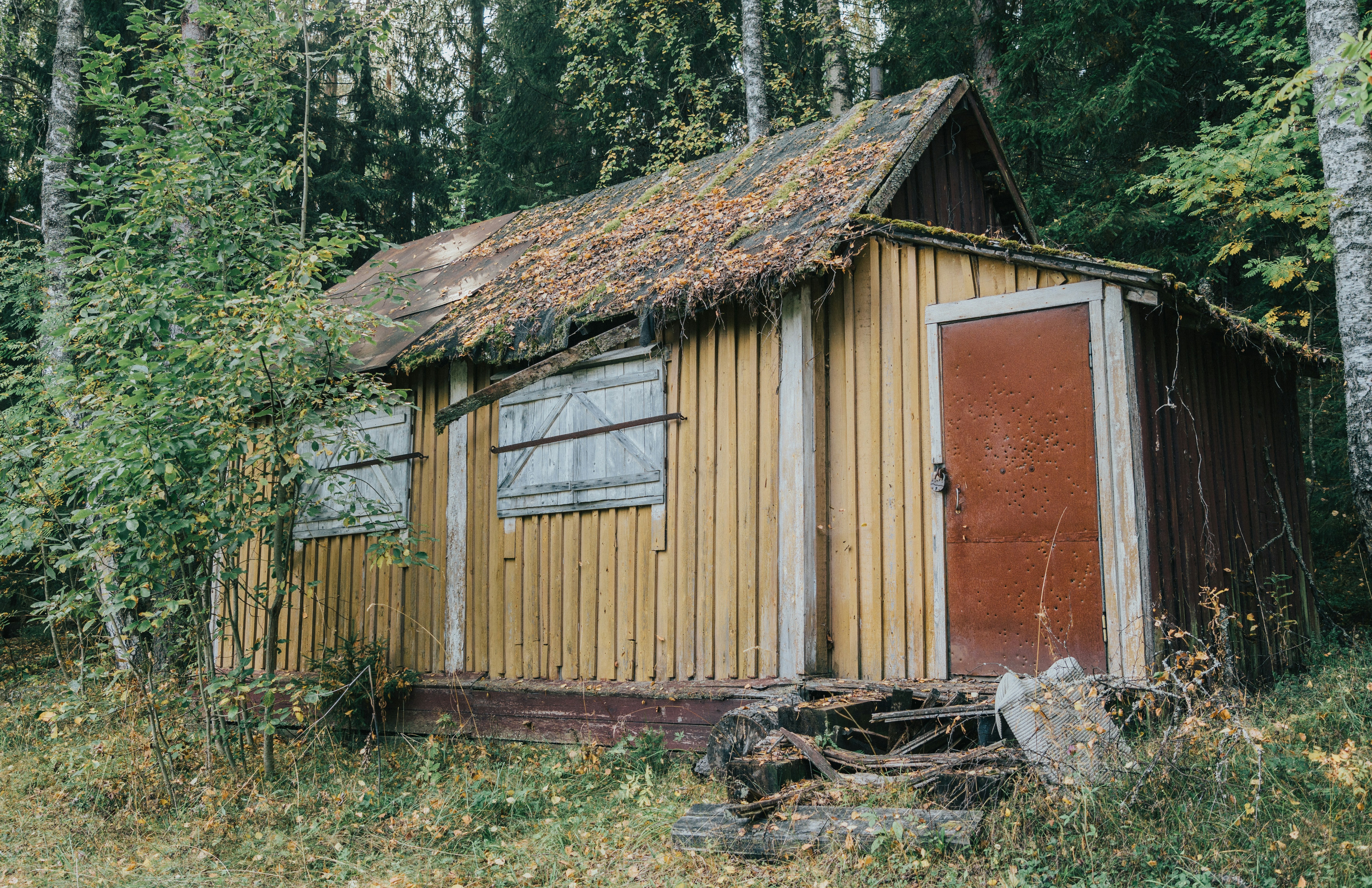 Old wooden cabin near the Yanisjoki River, not far from the Yanisjoki railway bridge. The building, with faded yellow walls and a rusted metal door, stands quietly among dense forest. Moss and fallen leaves cover its roof, adding to the sense of stillness and abandonment that characterizes the northern Karelia landscape.