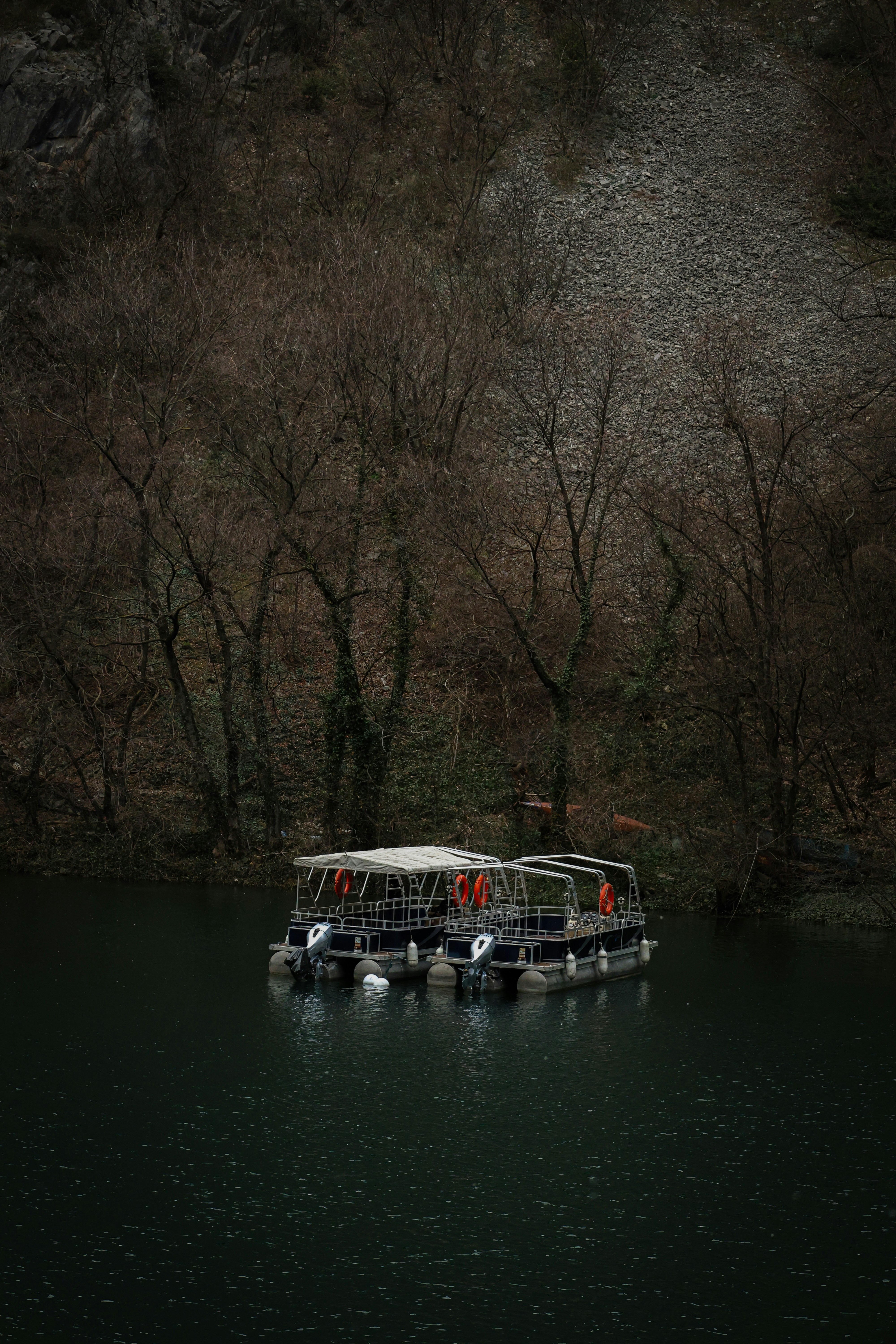 Dusk on the Quiet Lake: Pontoon with Orange Life Jackets
