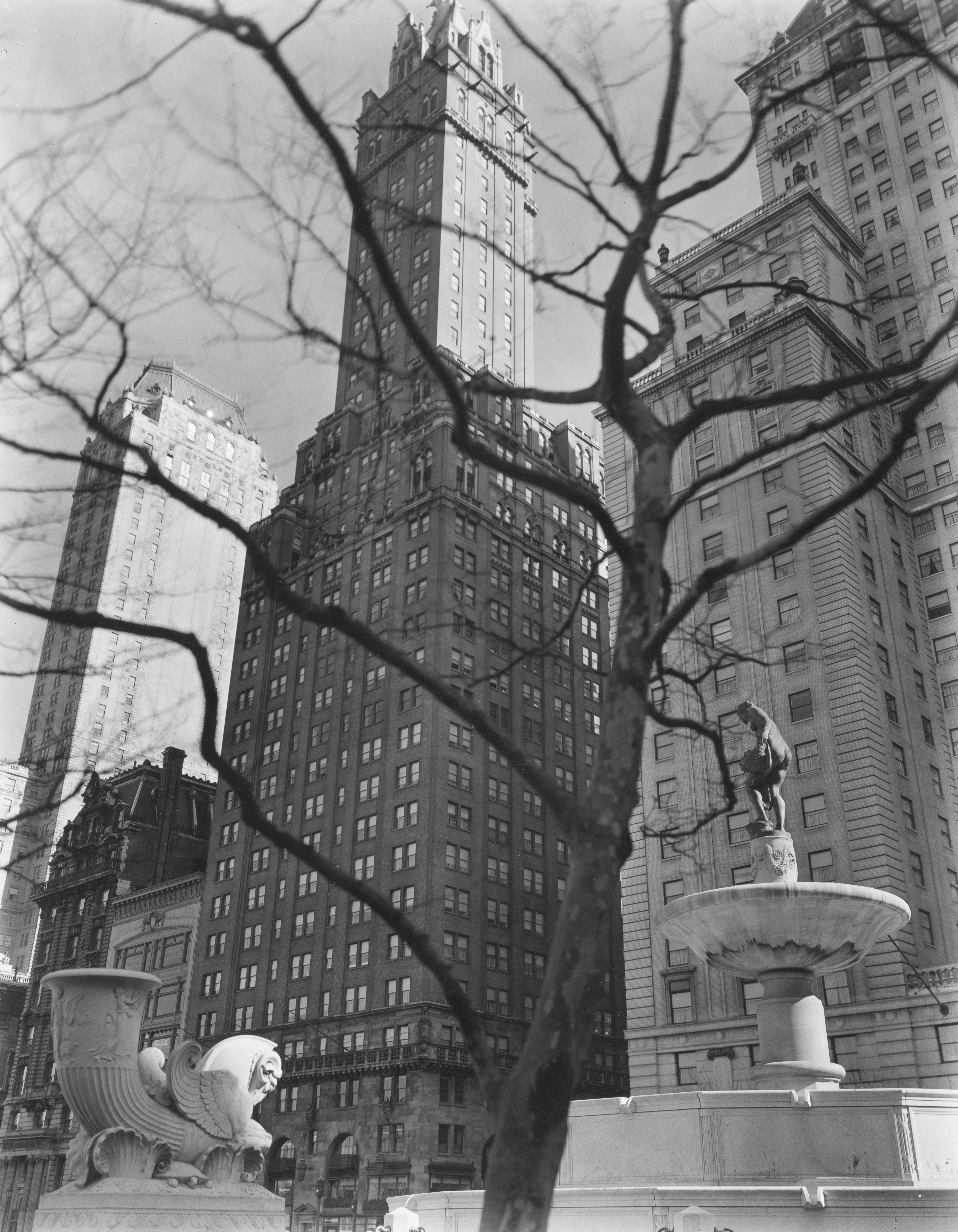 Monochrome city square featuring a statue on a fountain, framed by stark bare branches. Tall buildings rise in the background.