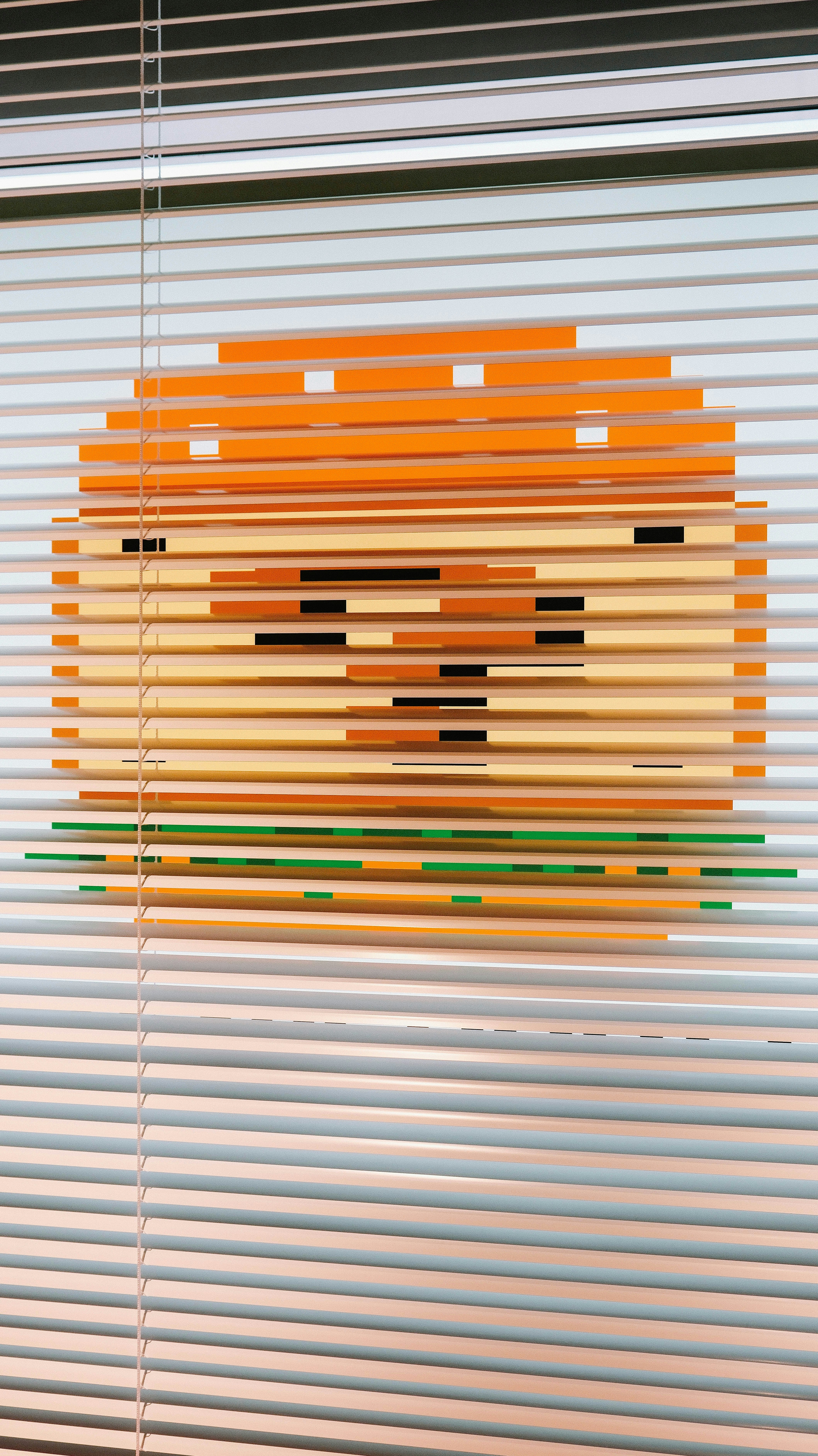 Hidden Roar: Pixel-Block Lion Peeks Through Slatted Blinds