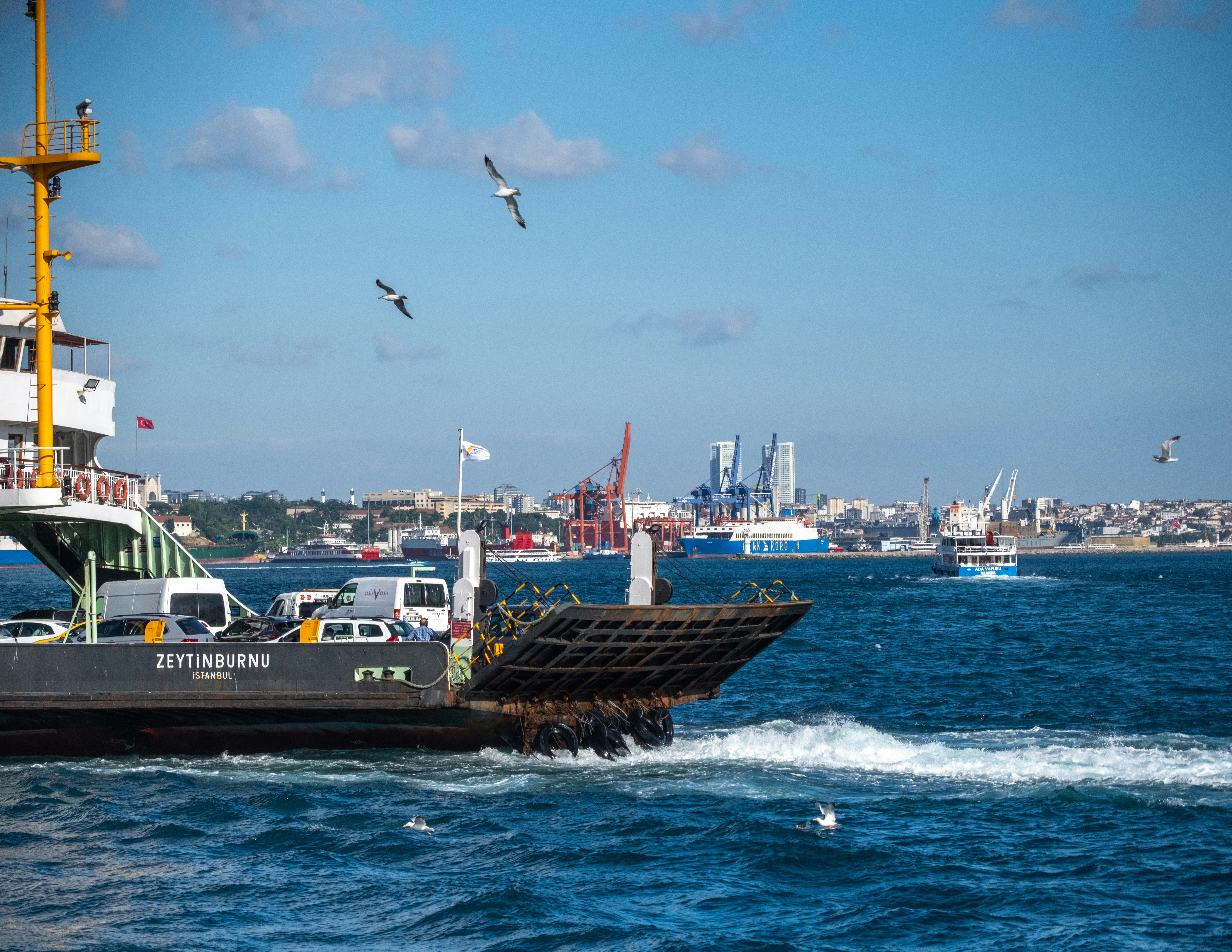 Ferry loaded with cars traversing a bustling waterway with seagulls flying overhead against a cityscape backdrop.