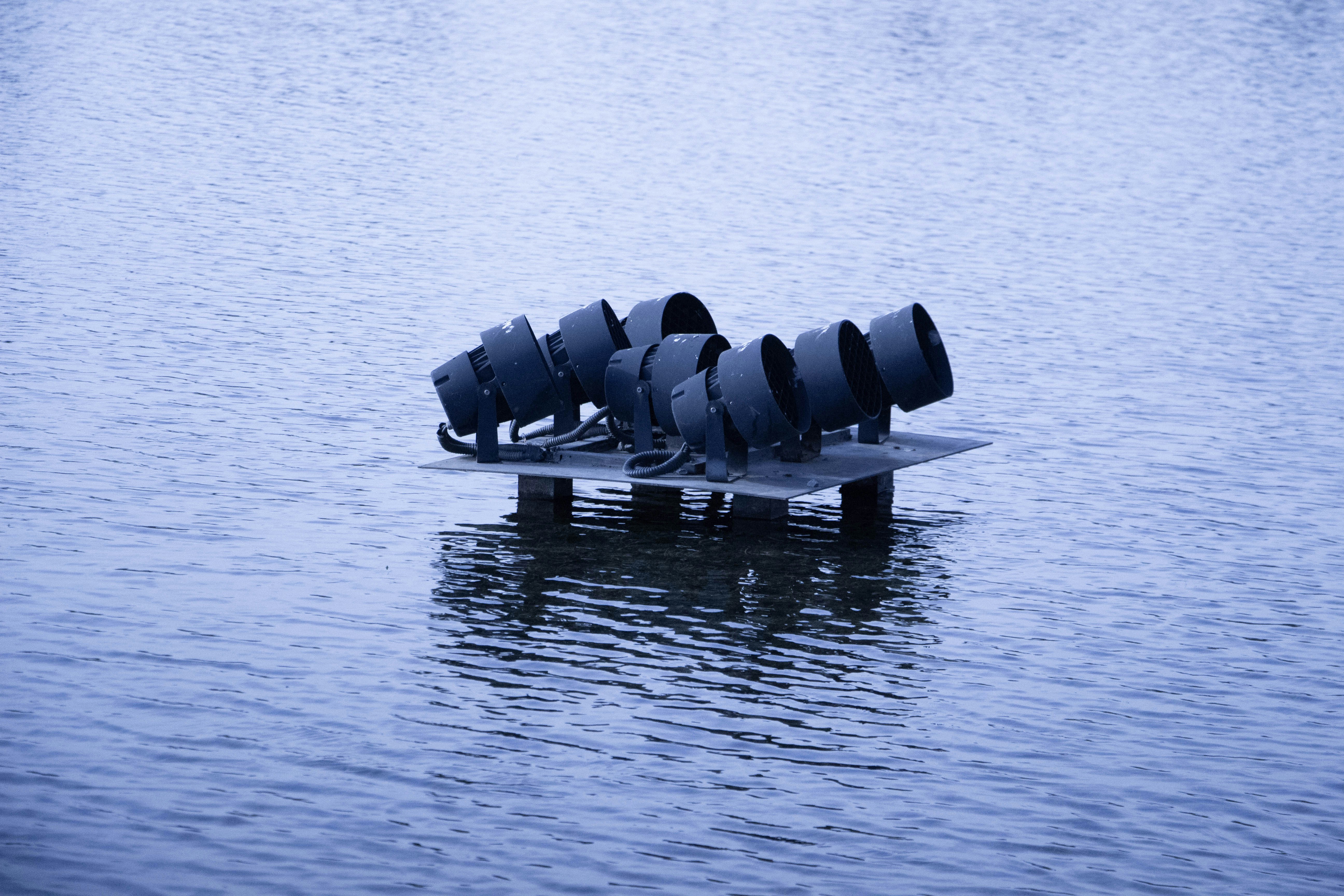 Spirals Afloat: A Metal Sculpture on a Quiet Lake