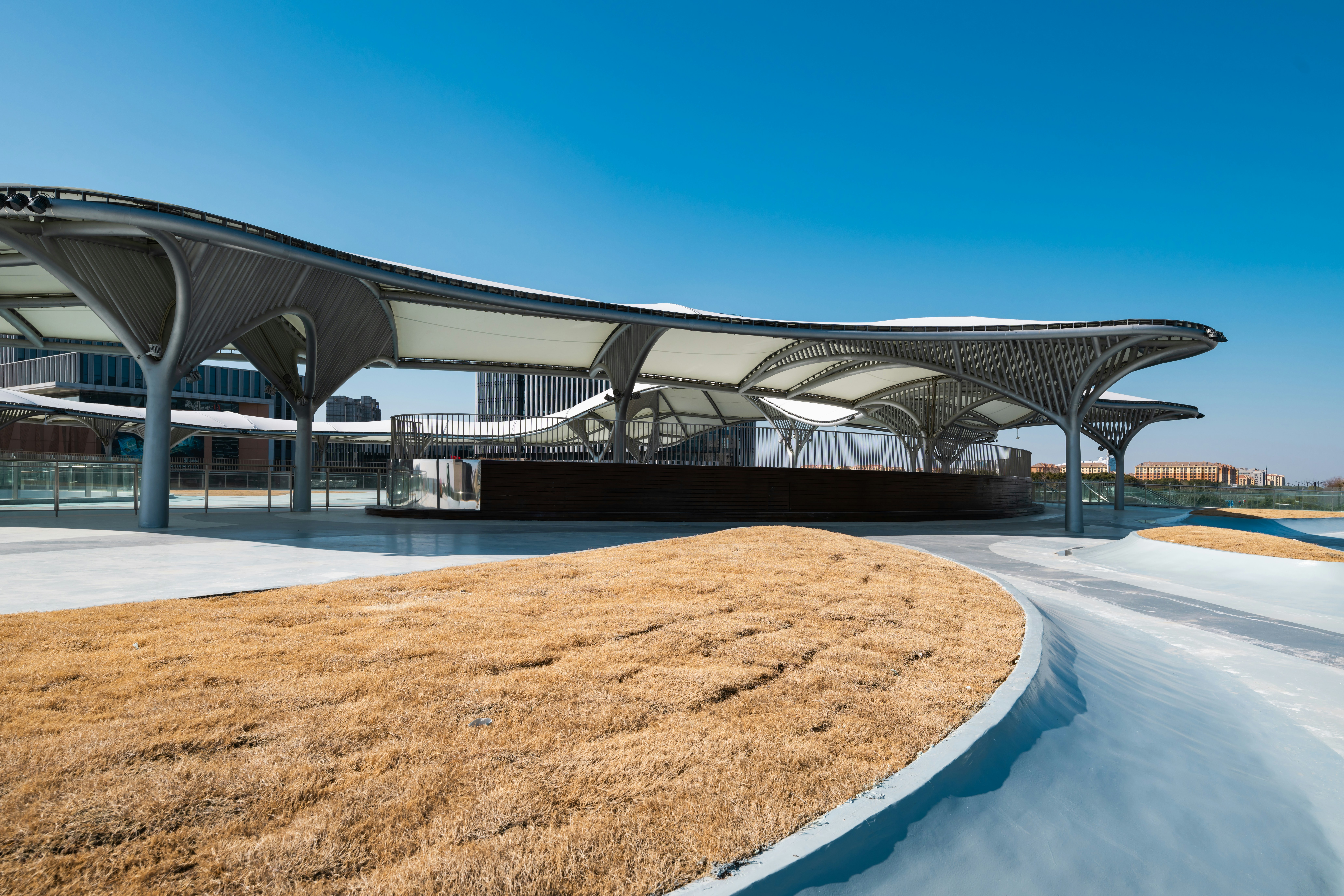 Curved modern structure with metallic elements beneath a vivid blue sky. Golden grass contrasts with sleek architectural design, emphasizing fluid lines and open space.