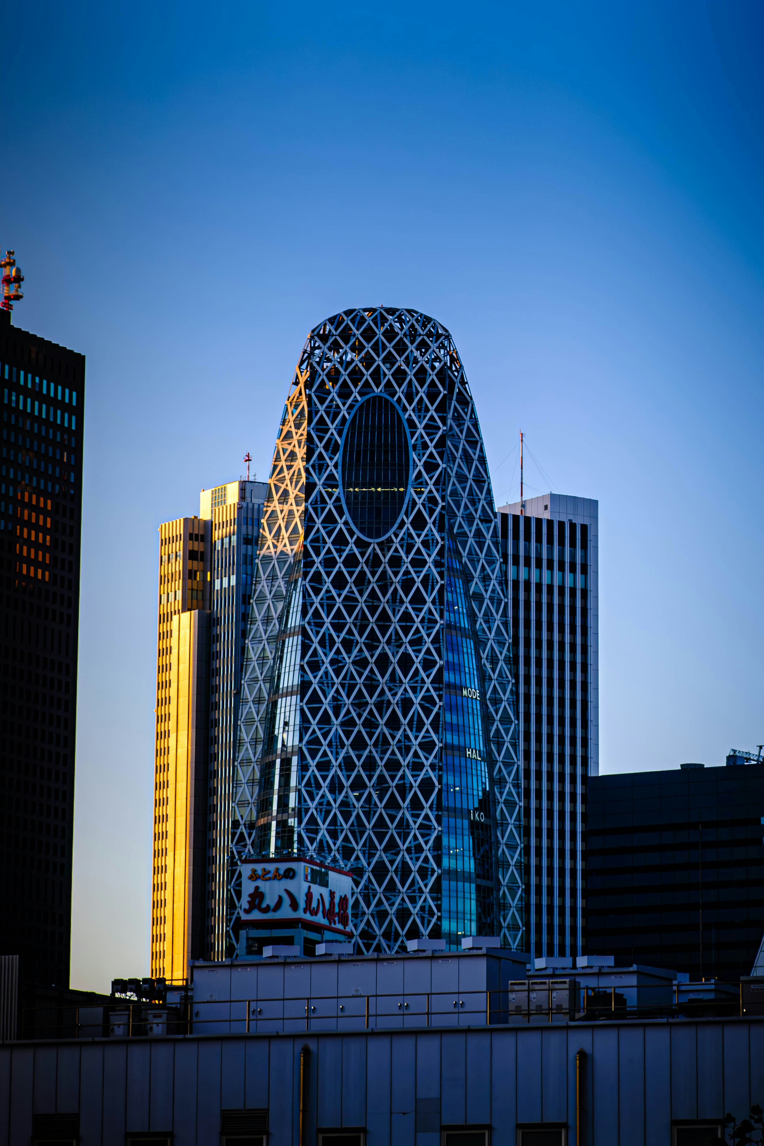 Crisscrossed Diamond Tower: The Egg-Shaped Jewel Framing a Blue Skyline