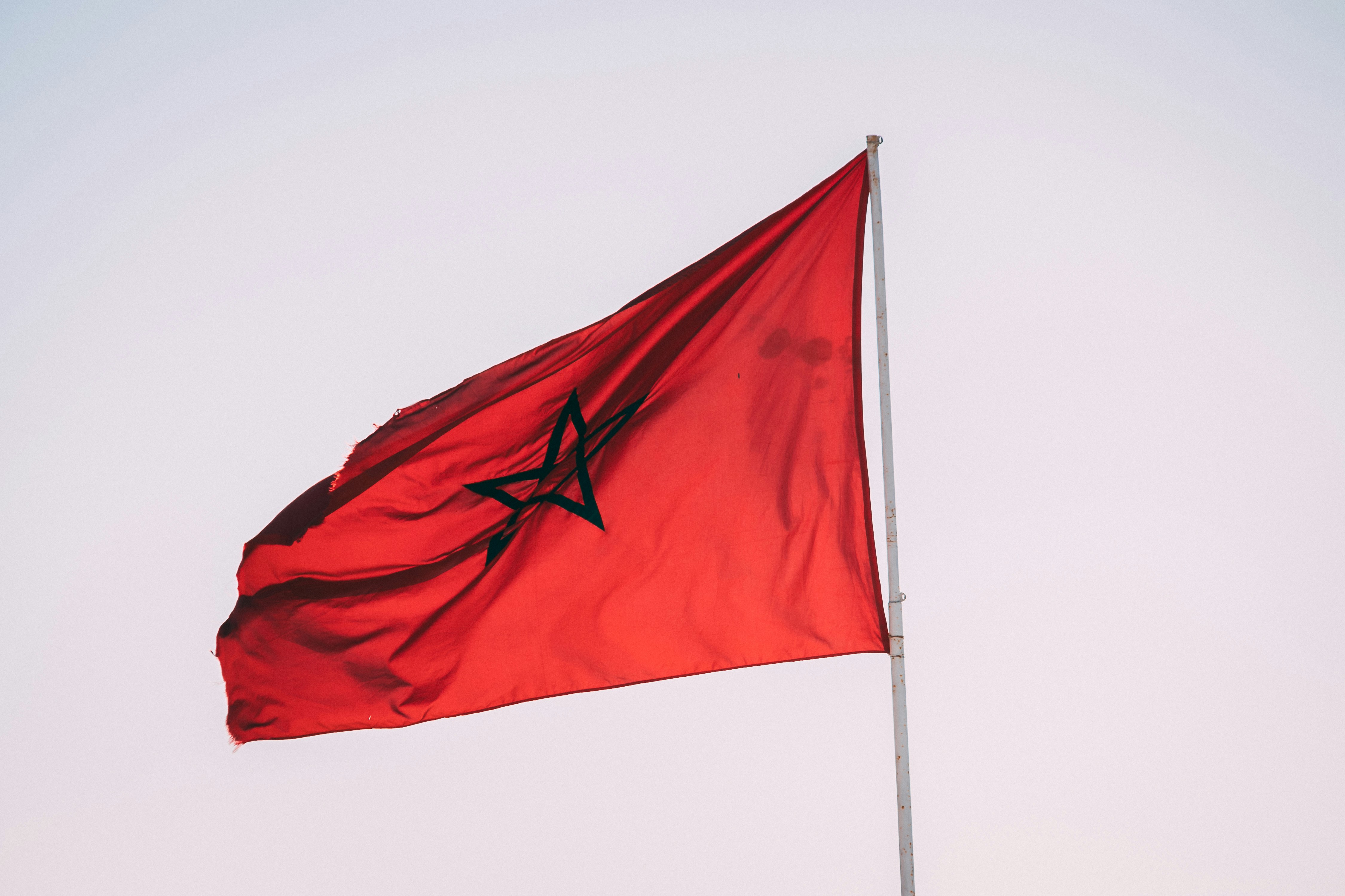 Red Banner with a Black Star Leans Into the Breeze Against a Pale Sky