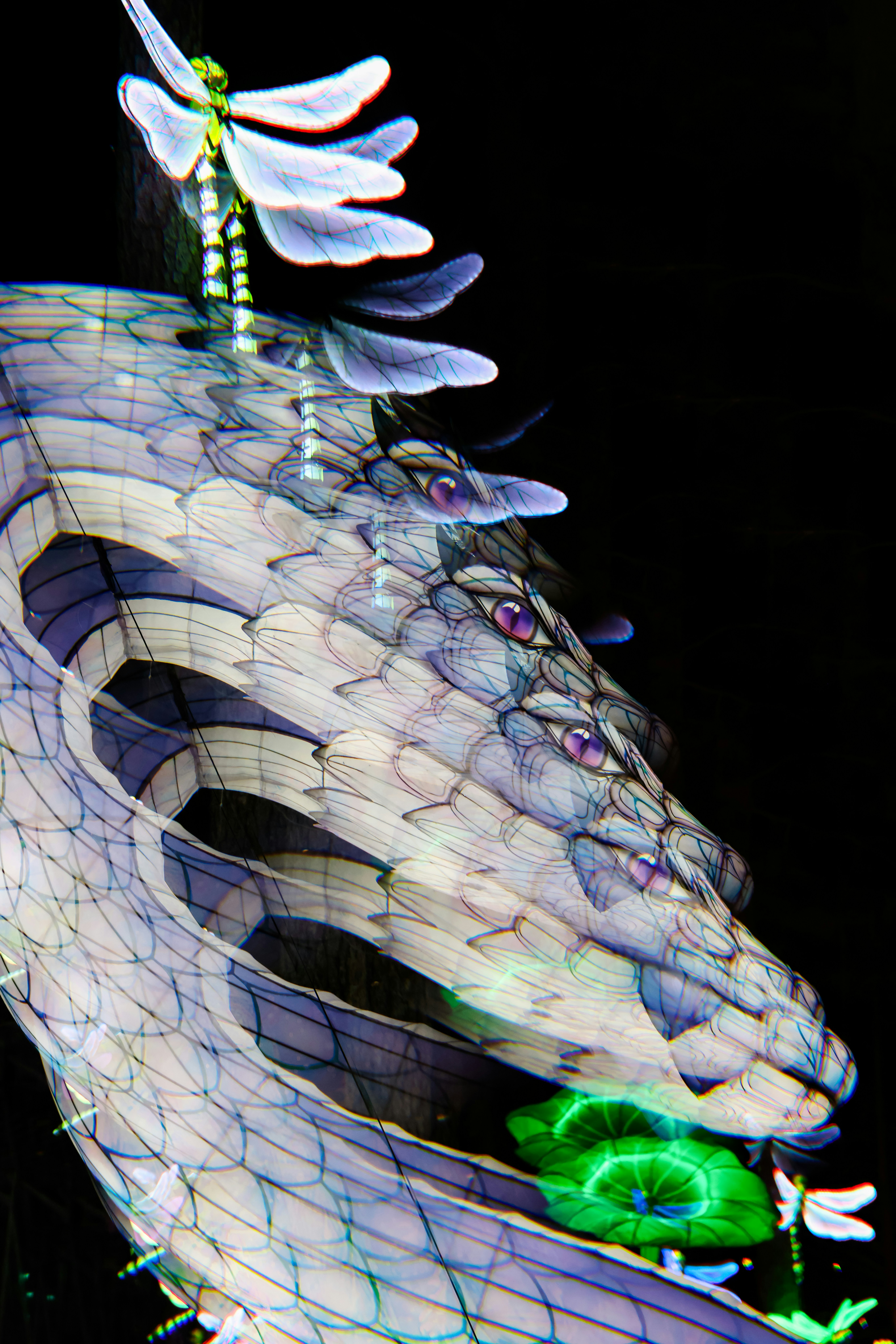 An illuminated dragon-head sculpture framed by a lattice of neon light and reflective mesh. Iridescent scales glow against a dark backdrop.