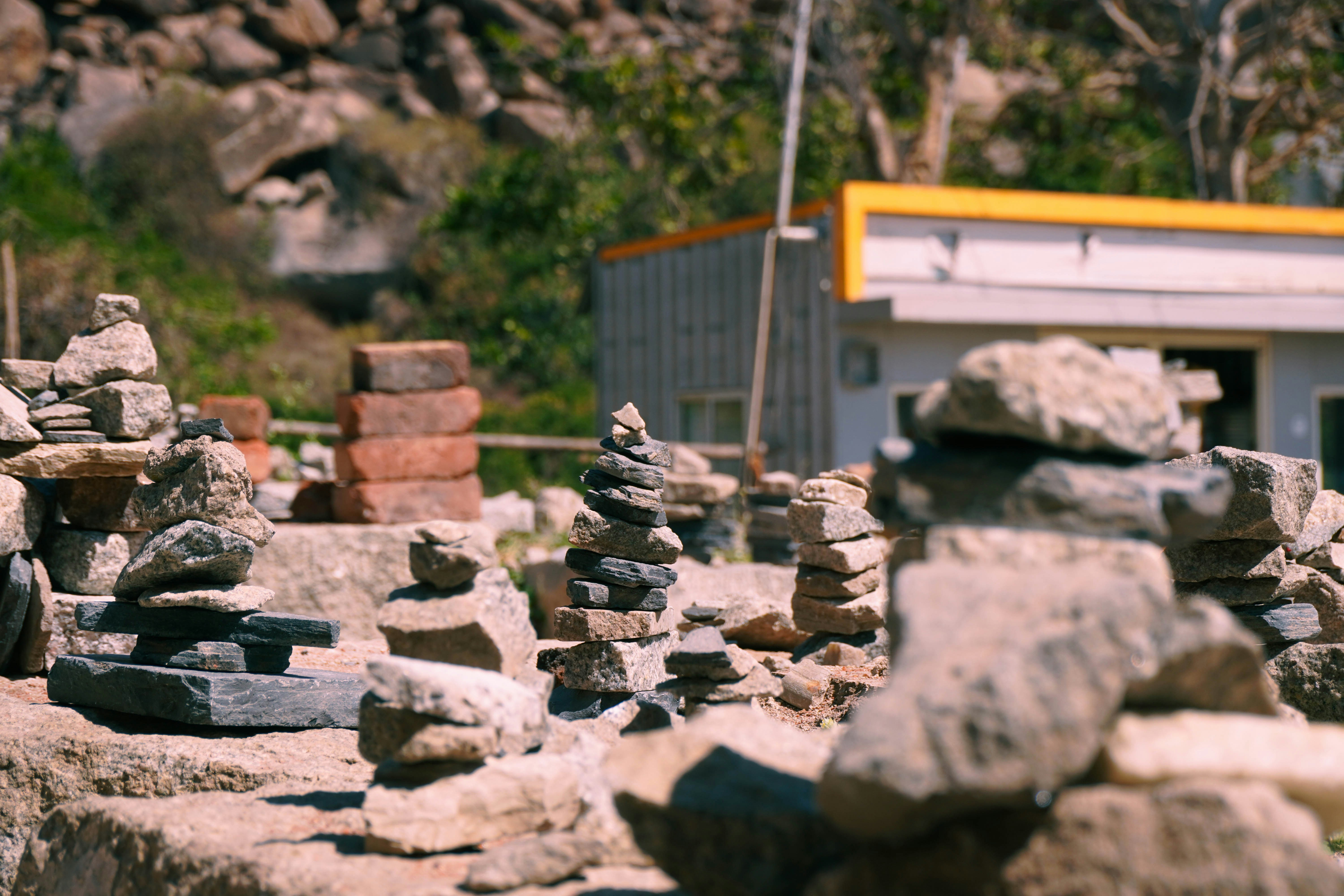 Cairns in a Sunlit Yard: A Quiet Stone Stack Landscape