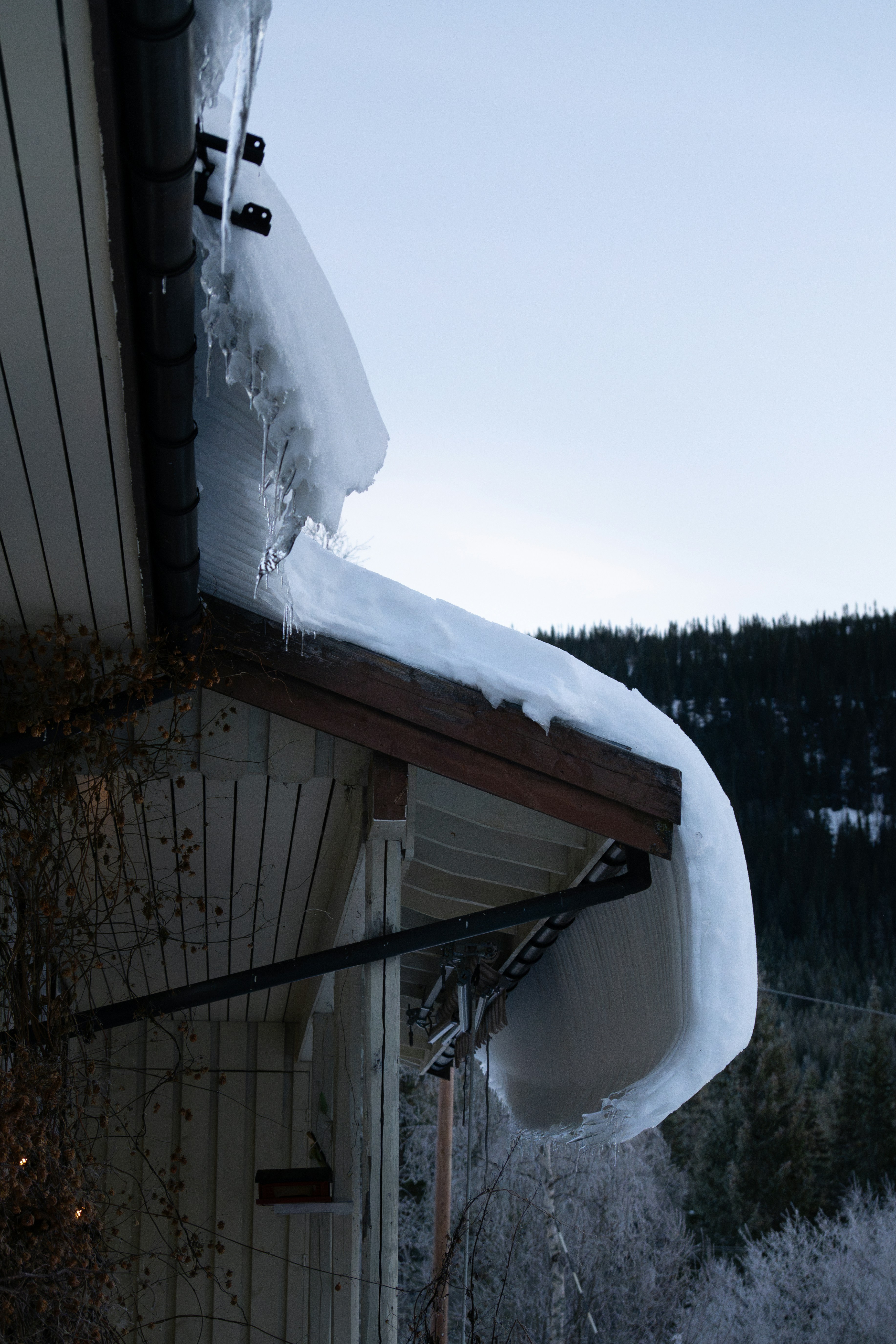 Icicle-Trimmed Eaves Against a Snowy Mountain Backdrop
