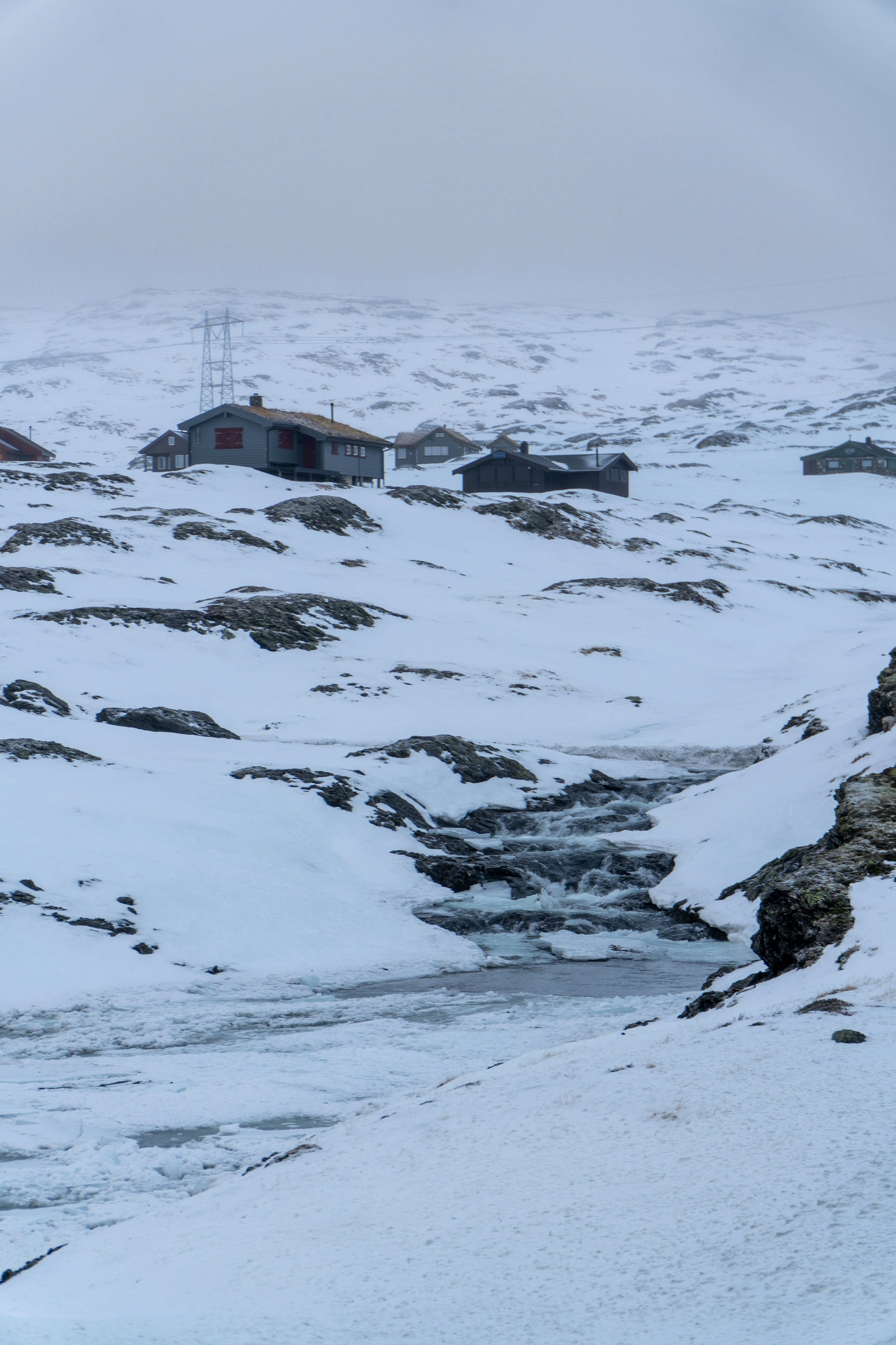 Snowbound Faroeside: A Row of Distant Cabins on a Frosted Fjord
