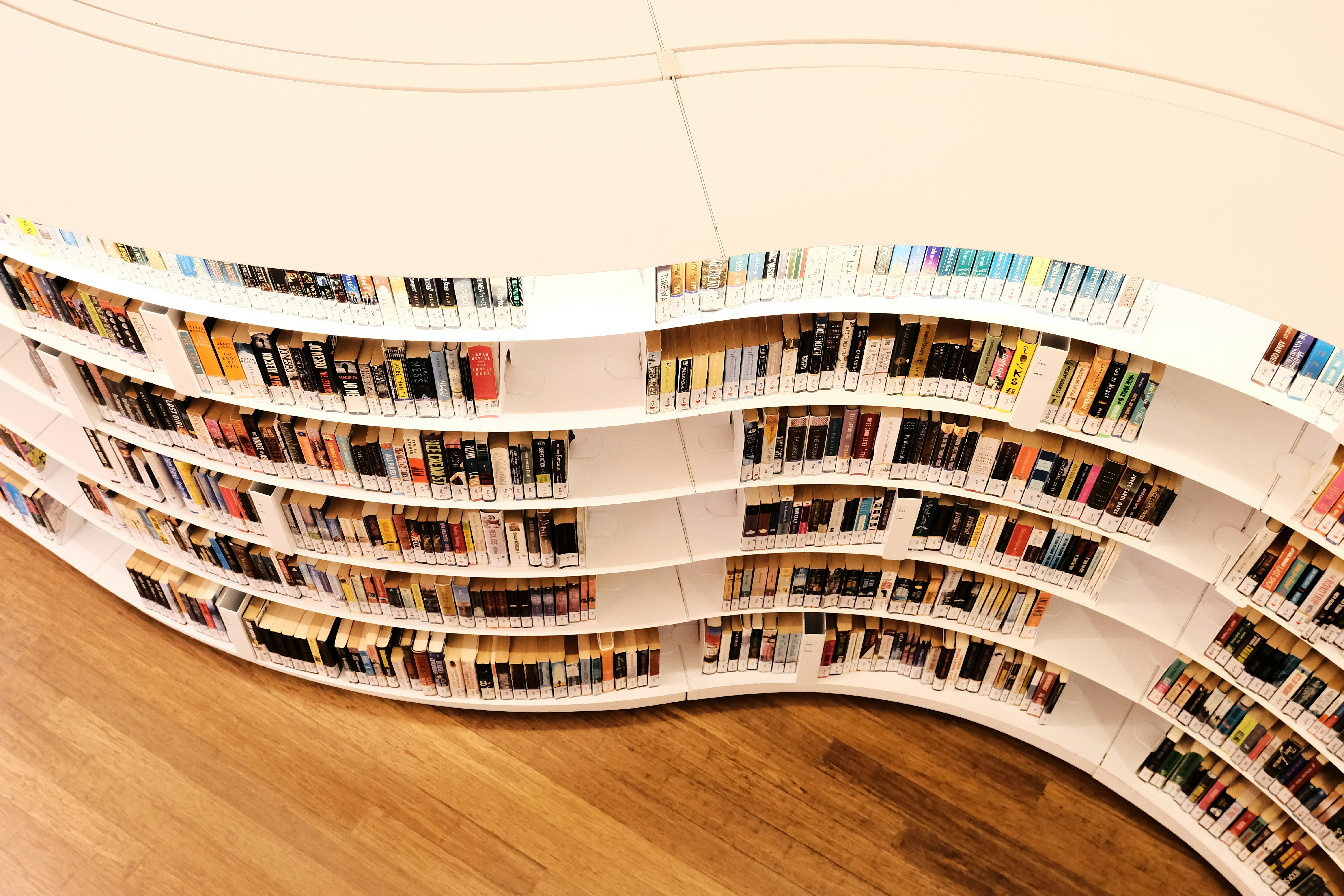A curved book shelf filled with lots of books photo – Free Book Image ...